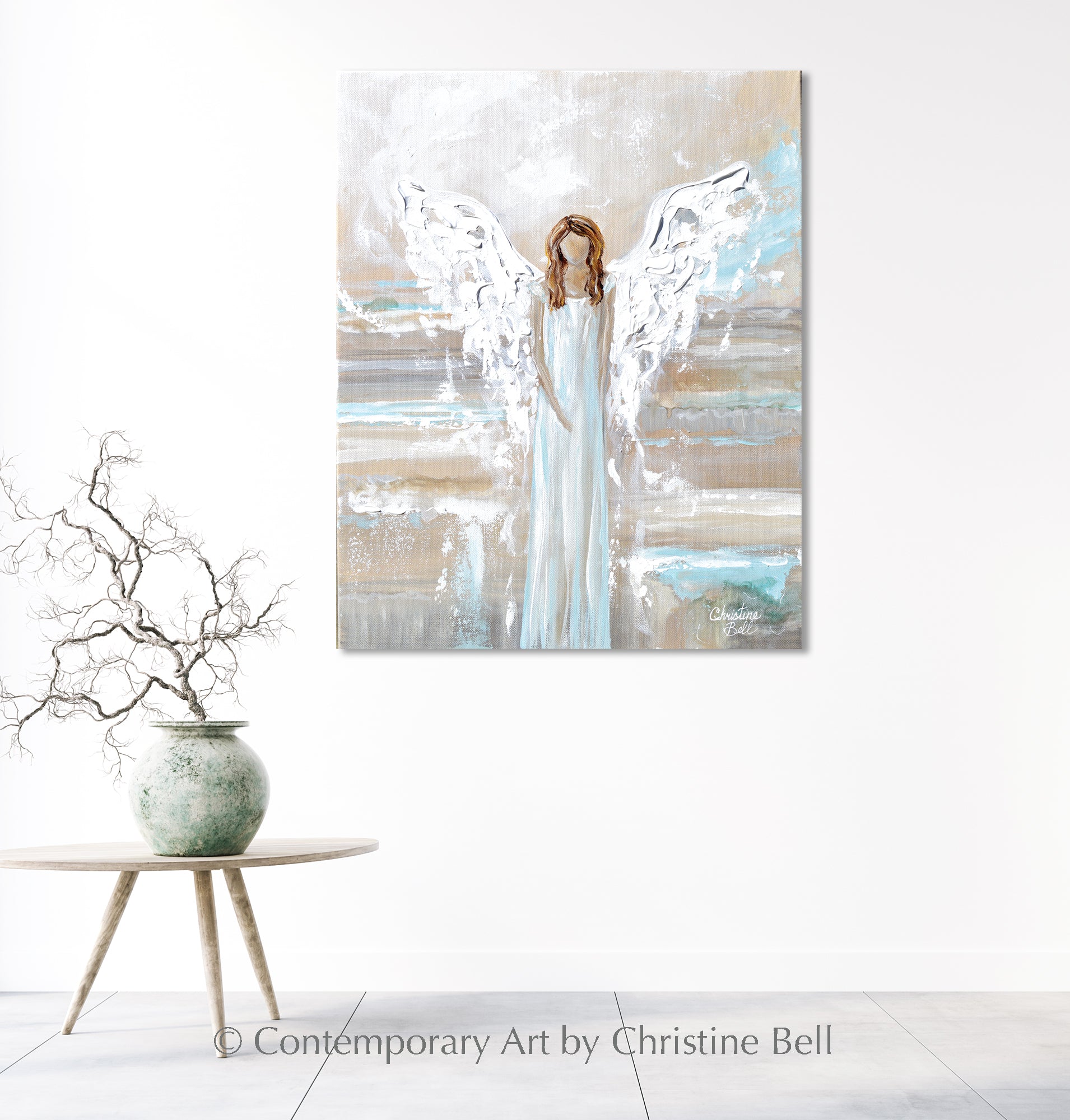 ORIGINAL Angel Painting Textured Guardian Angel Blue White Home Decor ...
