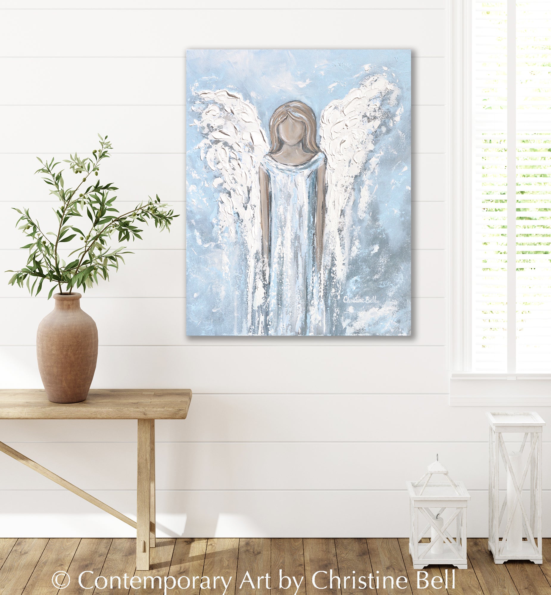 ORIGINAL Angel Painting Textured Guardian Angel Love Blue White Decor ...