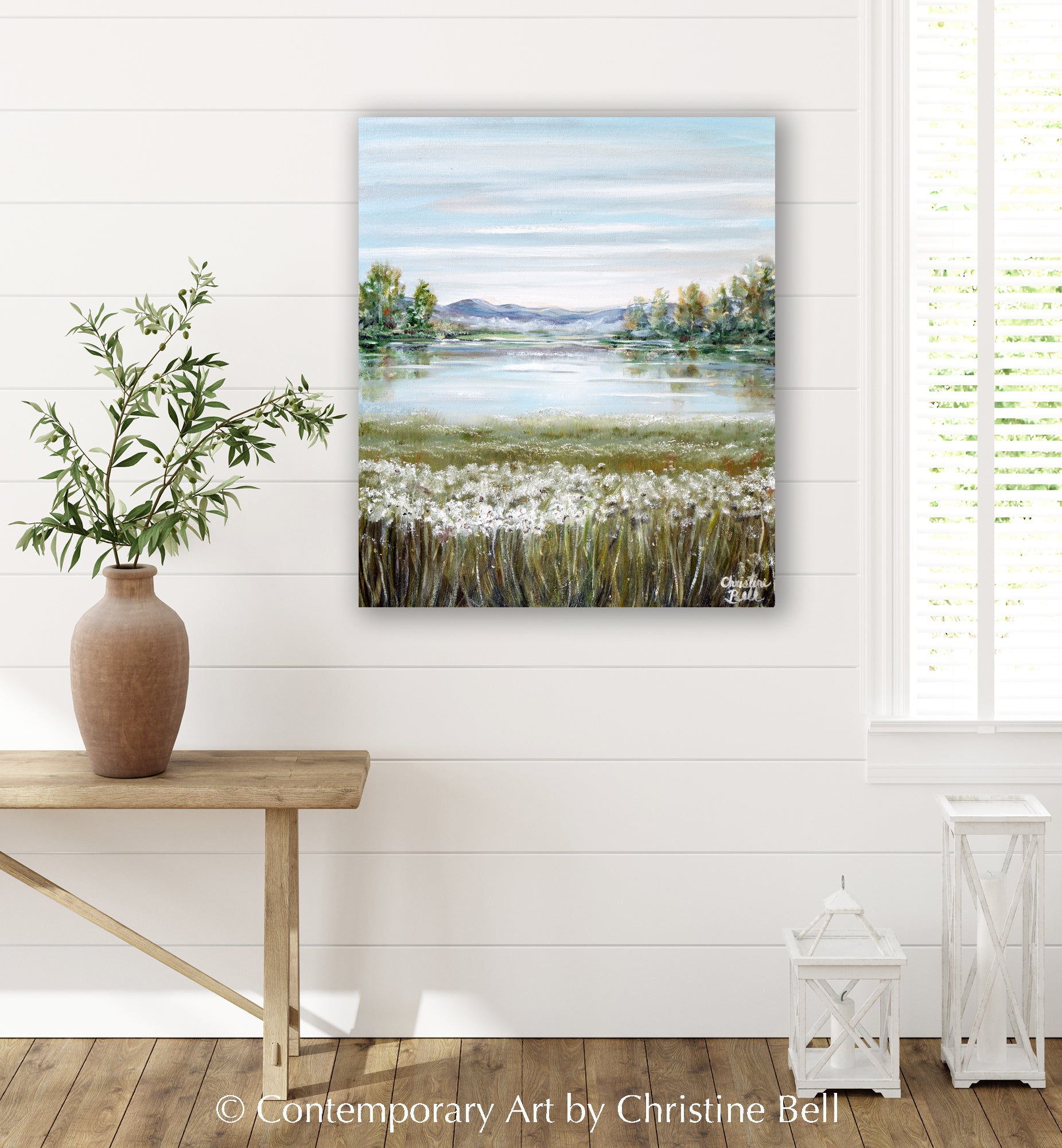 ORIGINAL Landscape Painting Reflecting Lake Pond Trees Wall Art Decor ...