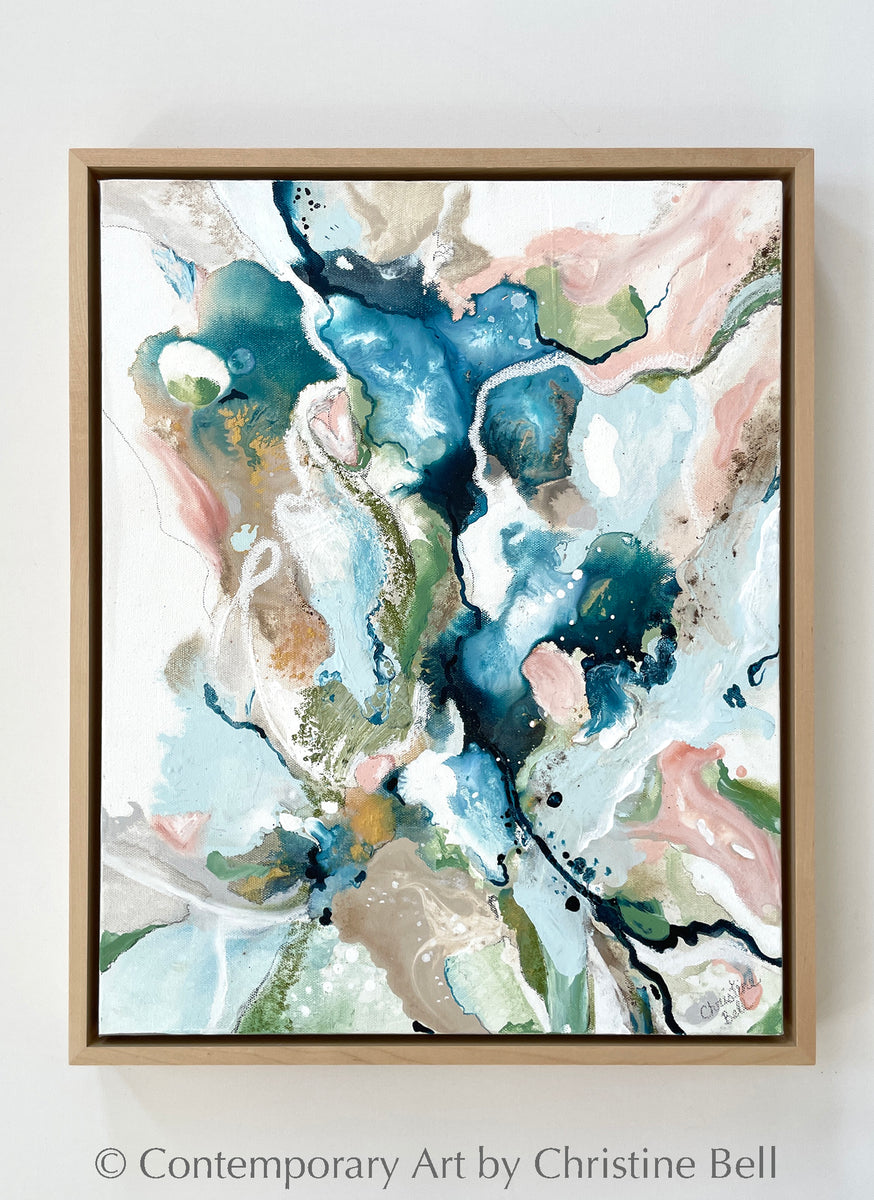 ORIGINAL Coastal Abstract Painting Blue White Green Framed Wall Art ...