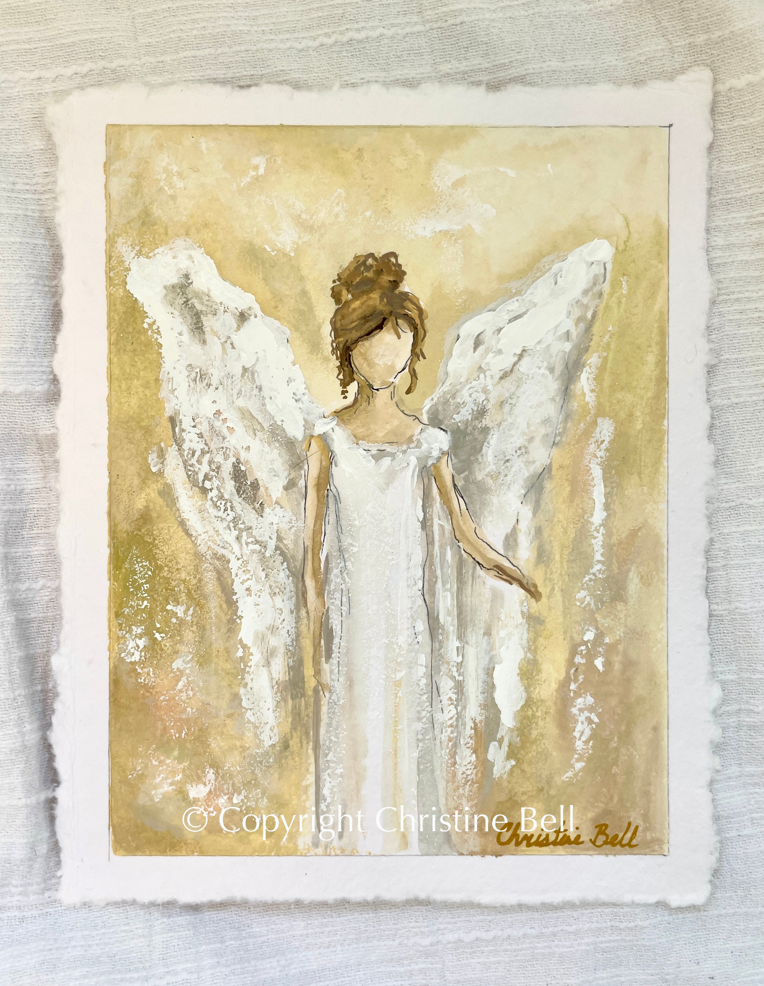 ORIGINAL Angel Painting Gold Guardian Angel Vintage Paper Framed Decor ...