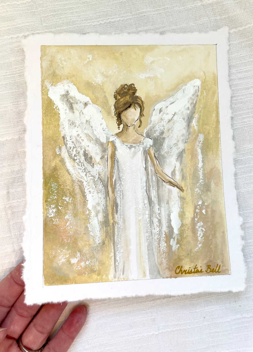 ORIGINAL Angel Painting Gold Guardian Angel Vintage Paper Framed Decor ...