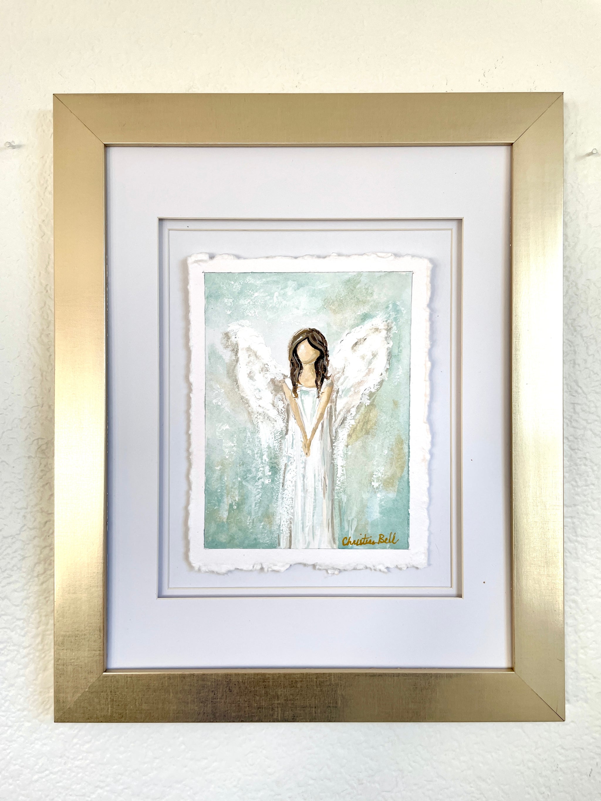 ORIGINAL Angel Painting Blue Guardian Angel Vintage Paper Framed Decor ...