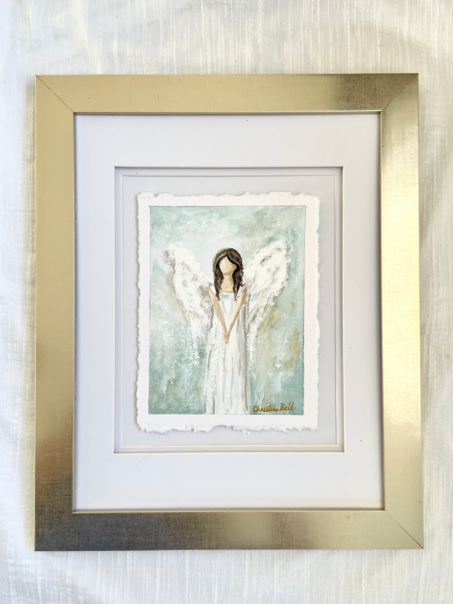 ORIGINAL Angel Painting Blue Guardian Angel Vintage Paper Framed Decor ...
