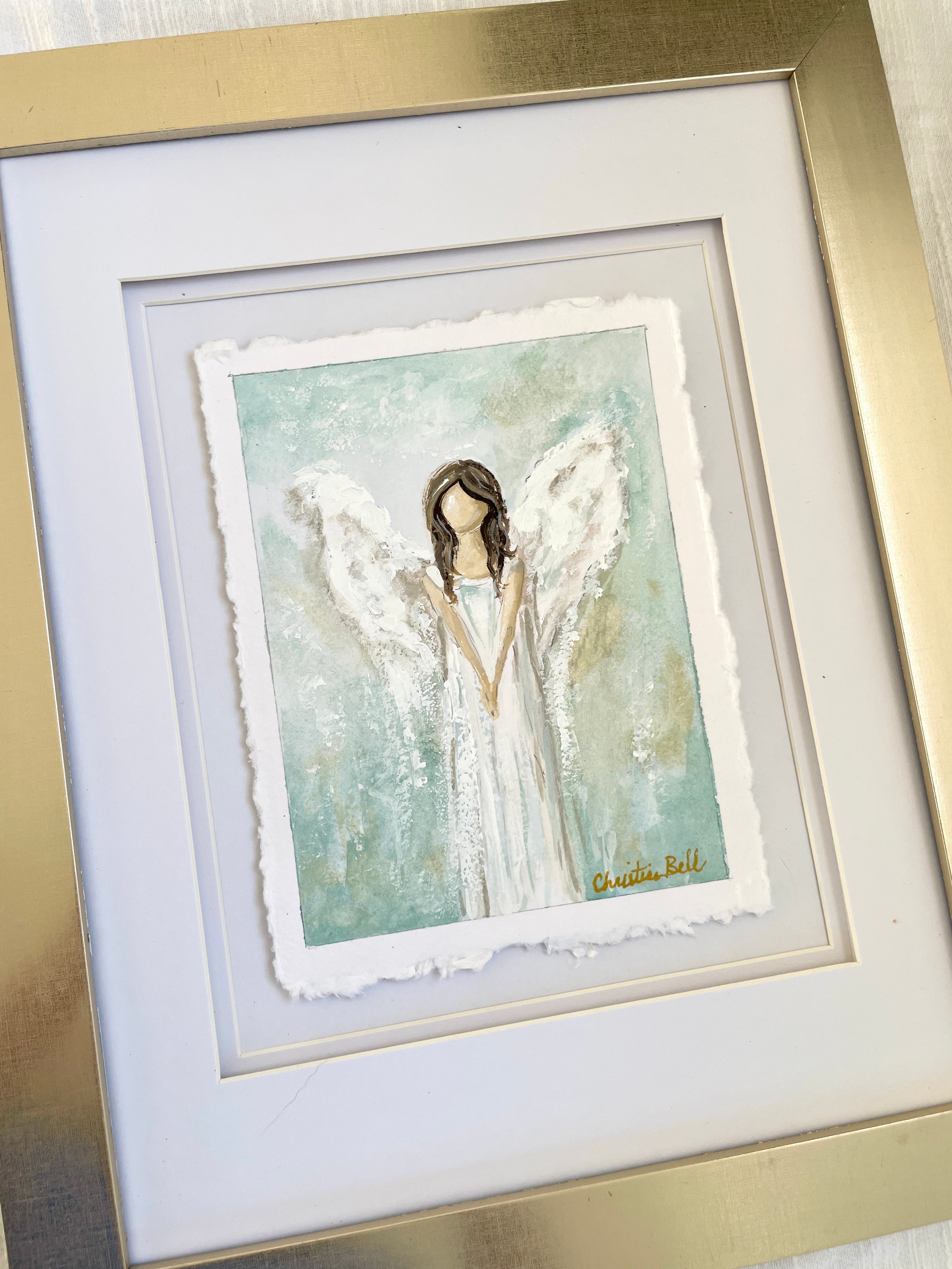 ORIGINAL Angel Painting Blue Guardian Angel Vintage Paper Framed Decor ...