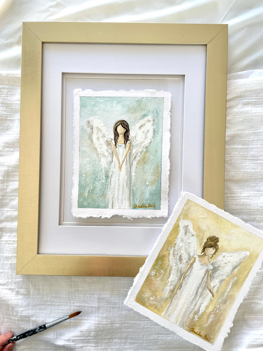 ORIGINAL Angel Painting Blue Guardian Angel Vintage Paper Framed Decor ...