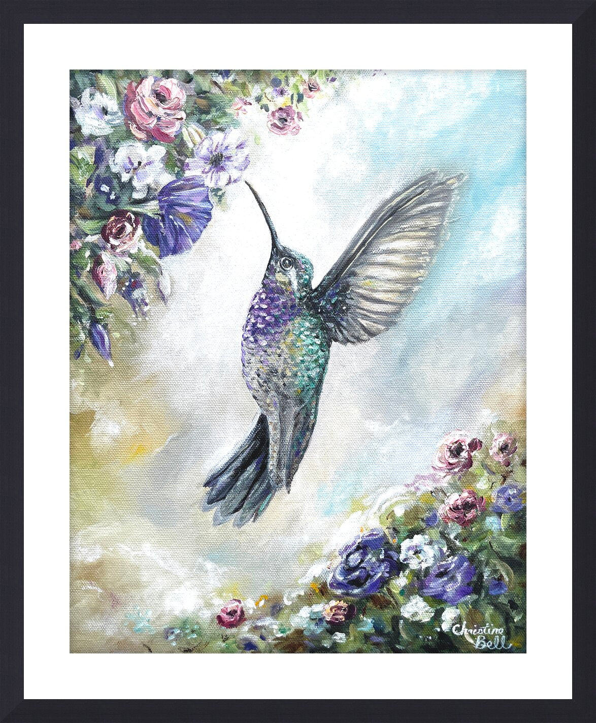 Giclée Print Hummingbird Painting Garden Flowers Canvas Wall Art Decor ...