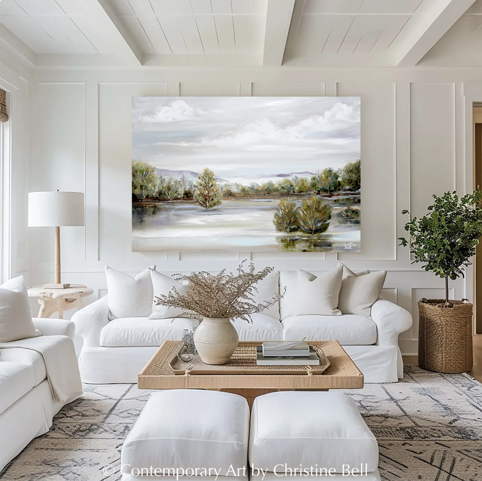 ORIGINAL Landscape Oil Painting Green Trees Mountains Home Decor Art ...