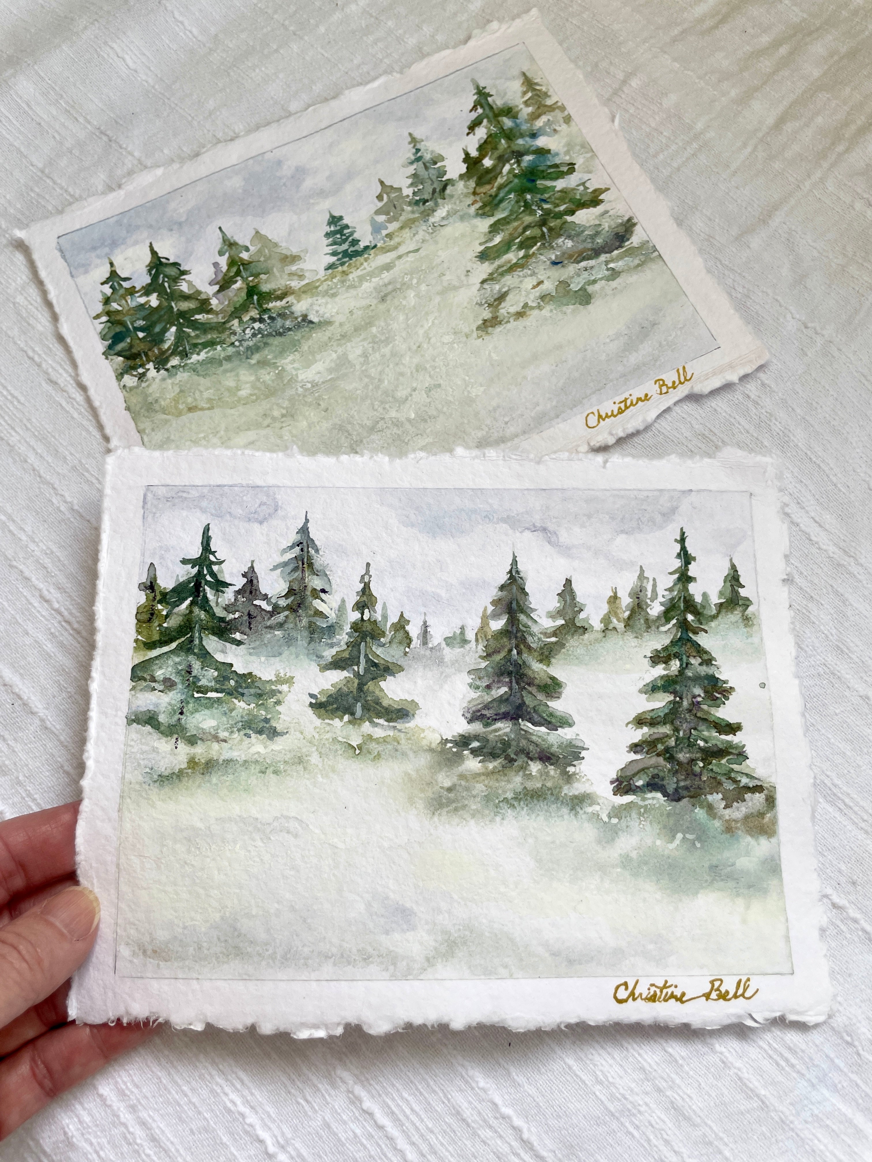 ORIGINAL Pine Trees Painting Winter Vintage Paper Holiday Wall Decor ...