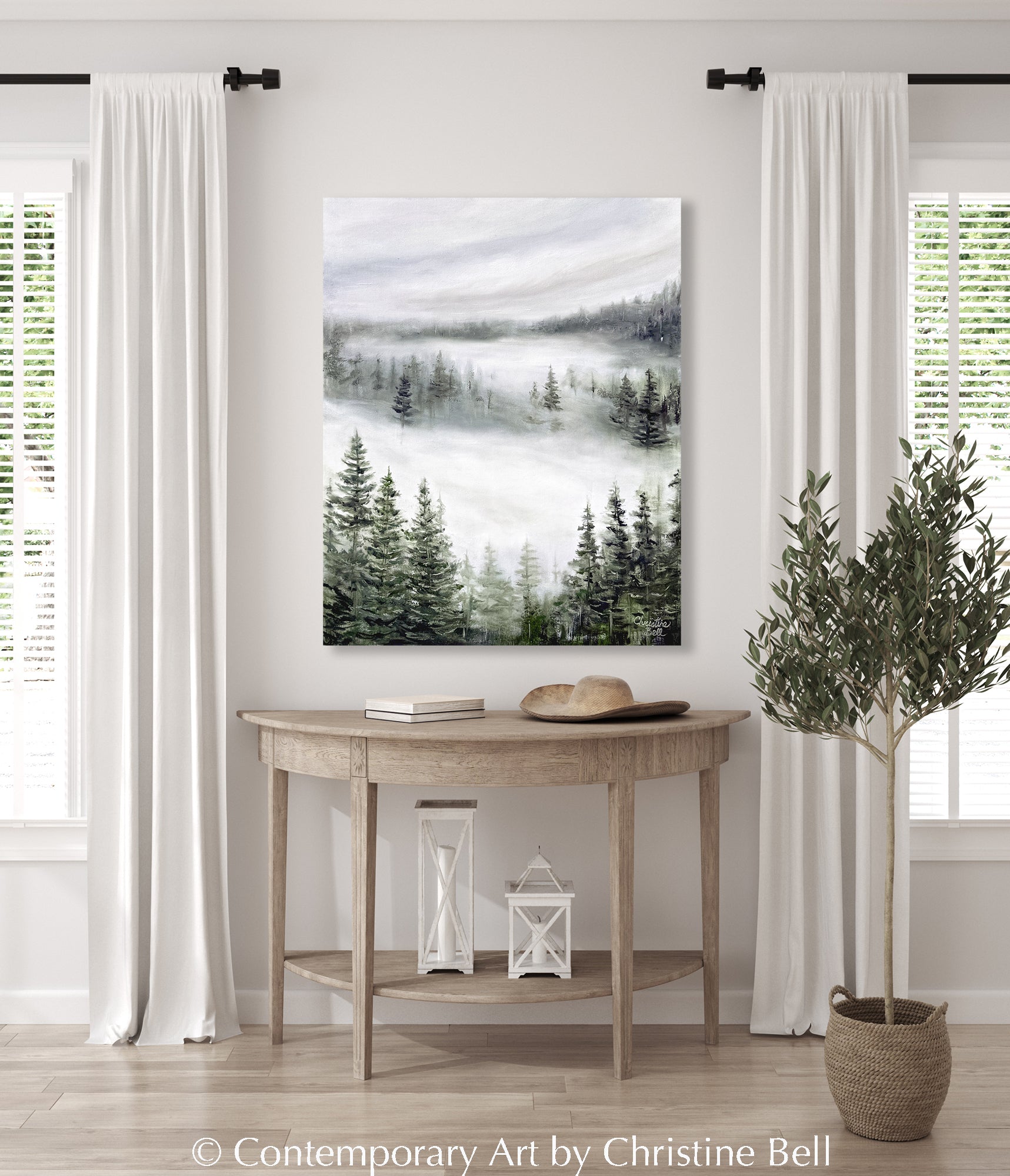 ORIGINAL Landscape Oil Painting Misty Forest Pine Trees Home Decor Art ...
