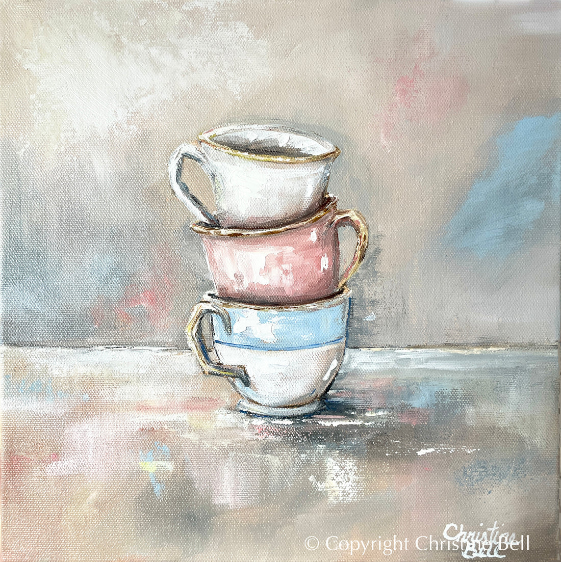 ORIGINAL Teacup Oil Painting Stacked Cups White Pink Wall Art Decor ...