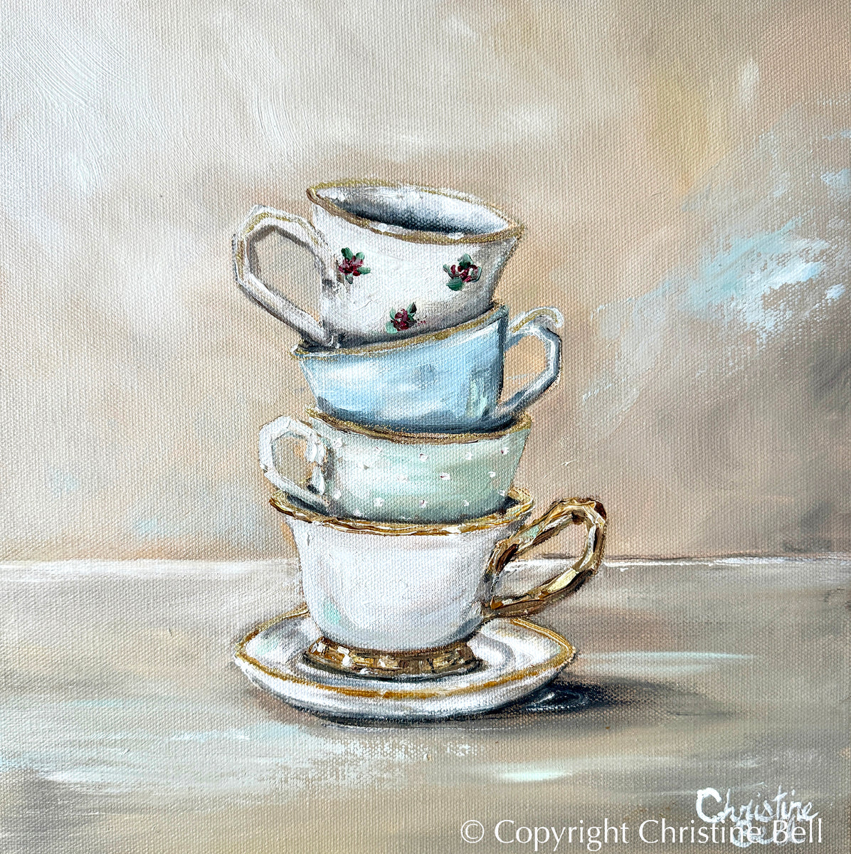 ORIGINAL Teacup Oil Painting Stacked Cups White Wall Art Home Decor ...
