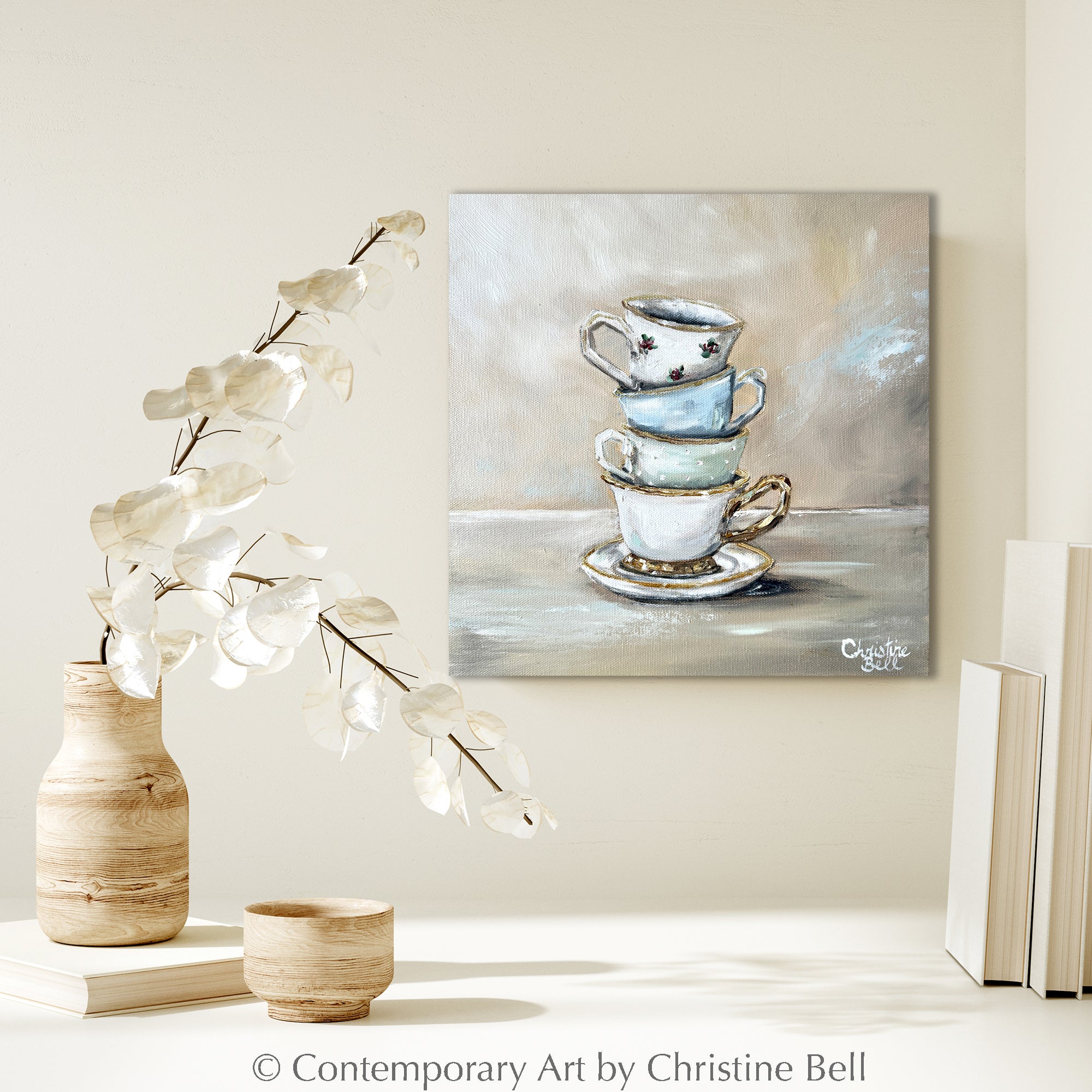 ORIGINAL Teacup Oil Painting Stacked Cups White Wall Art Home Decor ...