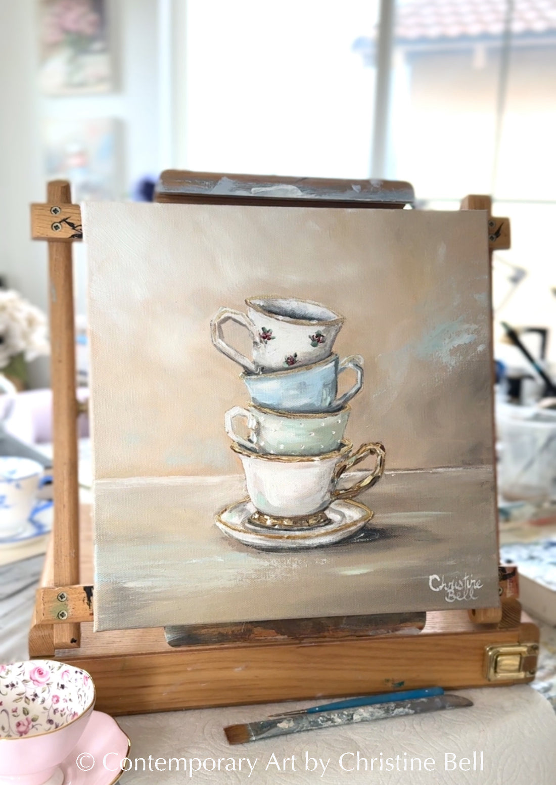 ORIGINAL Teacup Oil Painting Stacked Cups White Wall Art Home Decor ...
