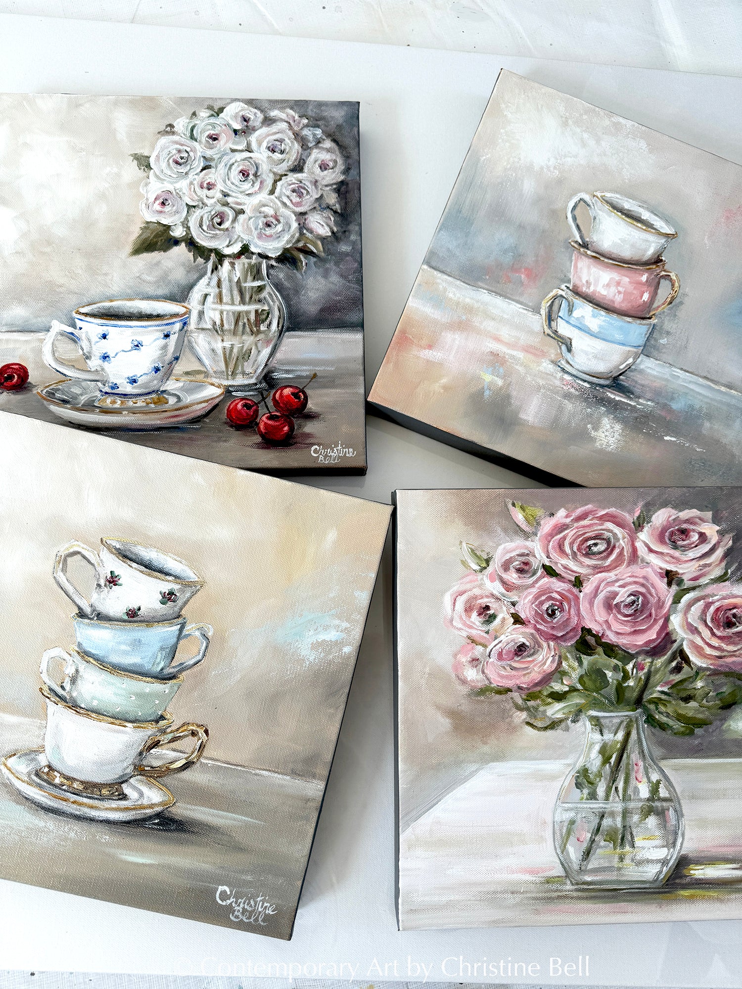 ORIGINAL Teacup Oil Painting Stacked Cups White Wall Art Home Decor ...