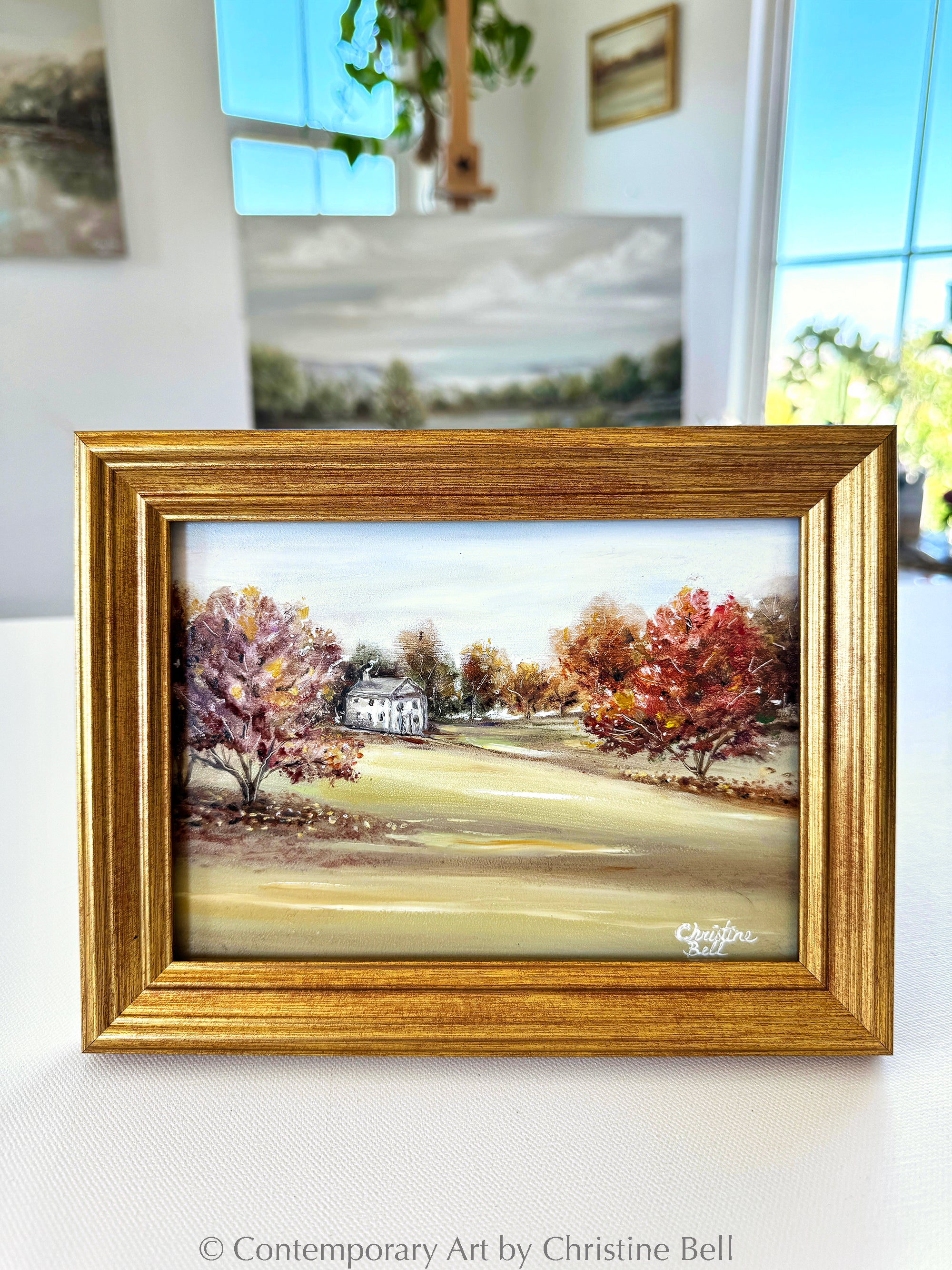 ORIGINAL Landscape Oil Painting Fall Countryside Small Art Gold Framed ...