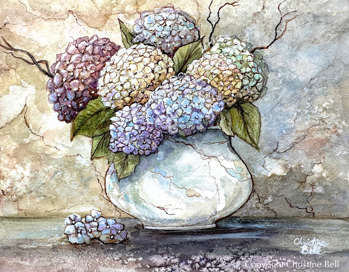 ORIGINAL Hydrangea Painting Flowers in Vase Neutral Art Vintage Framed ...