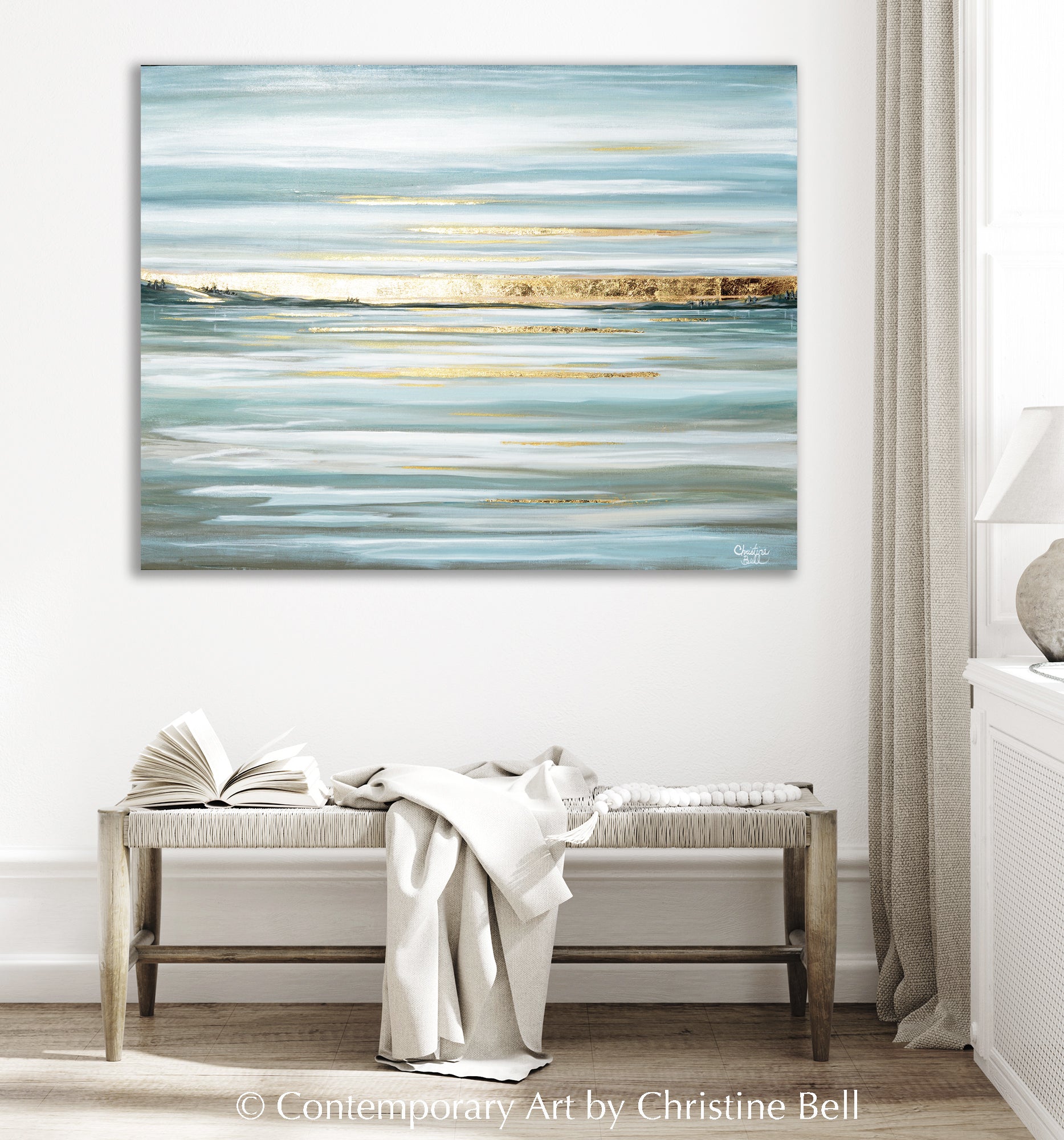 Giclée Print Seascape Painting Light Blue Gold Leaf Canvas Wall Art ...