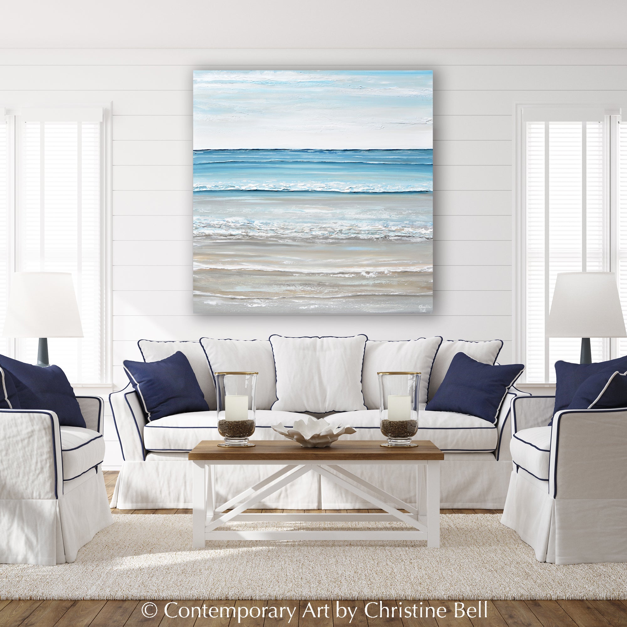 ORIGINAL Abstract Painting Seascape Coastal Wall Art Blue Beach Decor ...