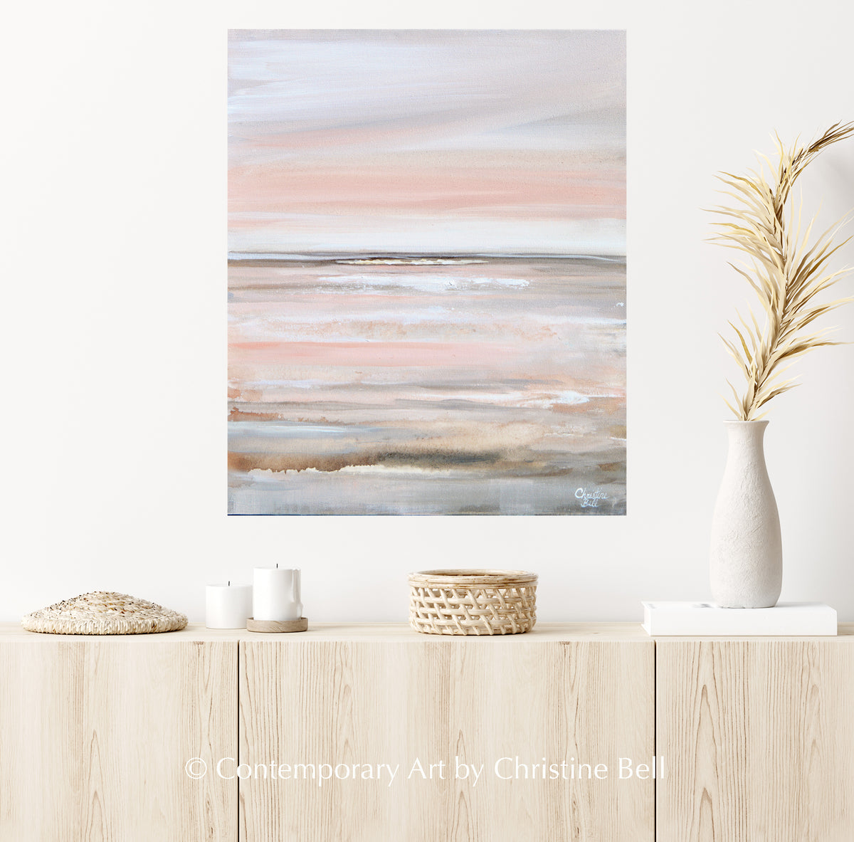ORIGINAL Abstract Coastal Painting Pink Sunset Neutral Beach Art Decor ...