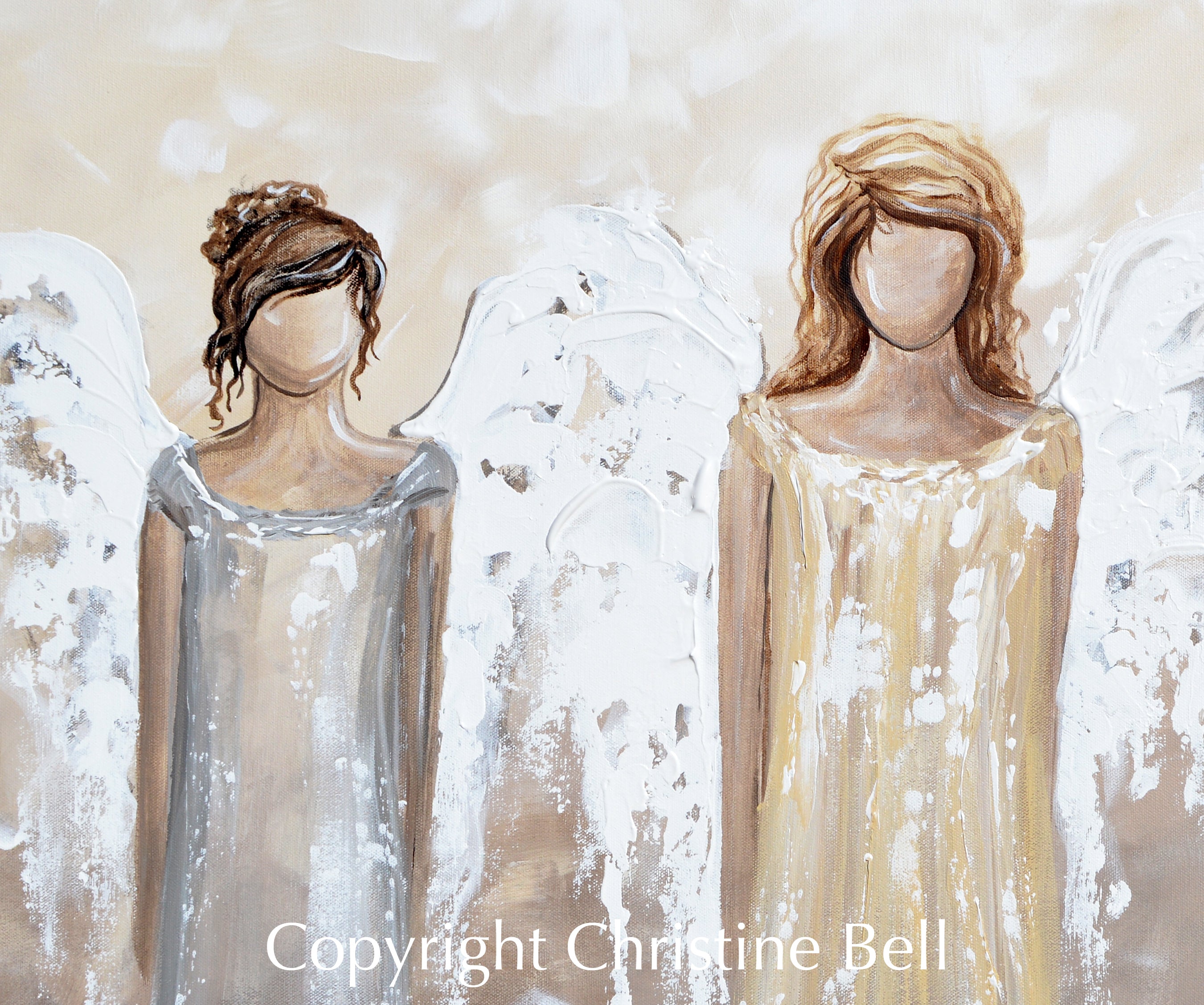 ORIGINAL Angel Painting 3 Guardian Angels Home Decor Neutral Wall Art ...