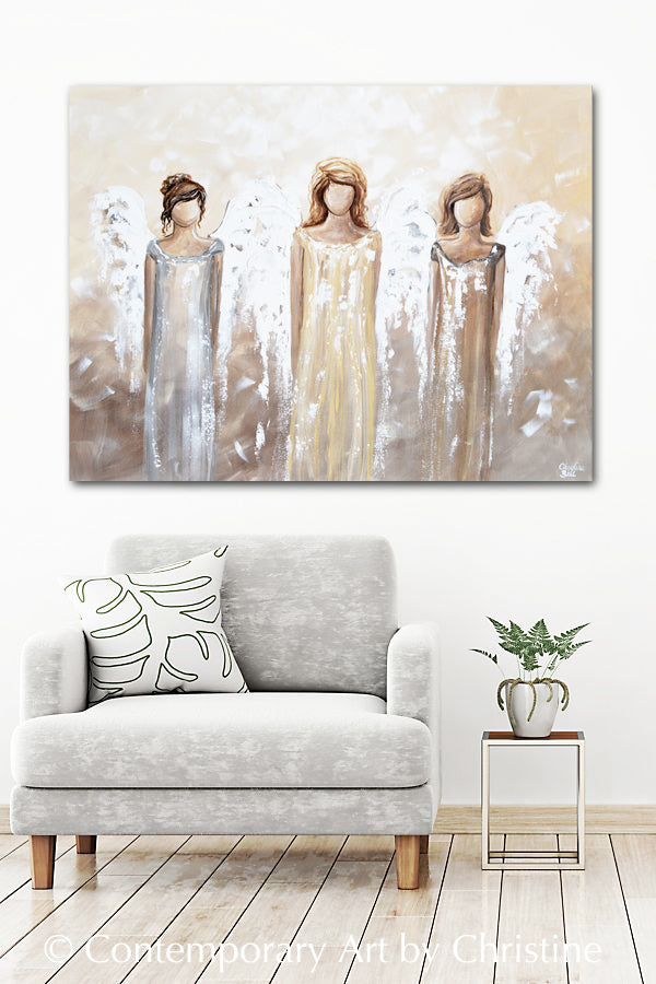 ORIGINAL Angel Painting 3 Guardian Angels Home Decor Neutral Wall Art ...