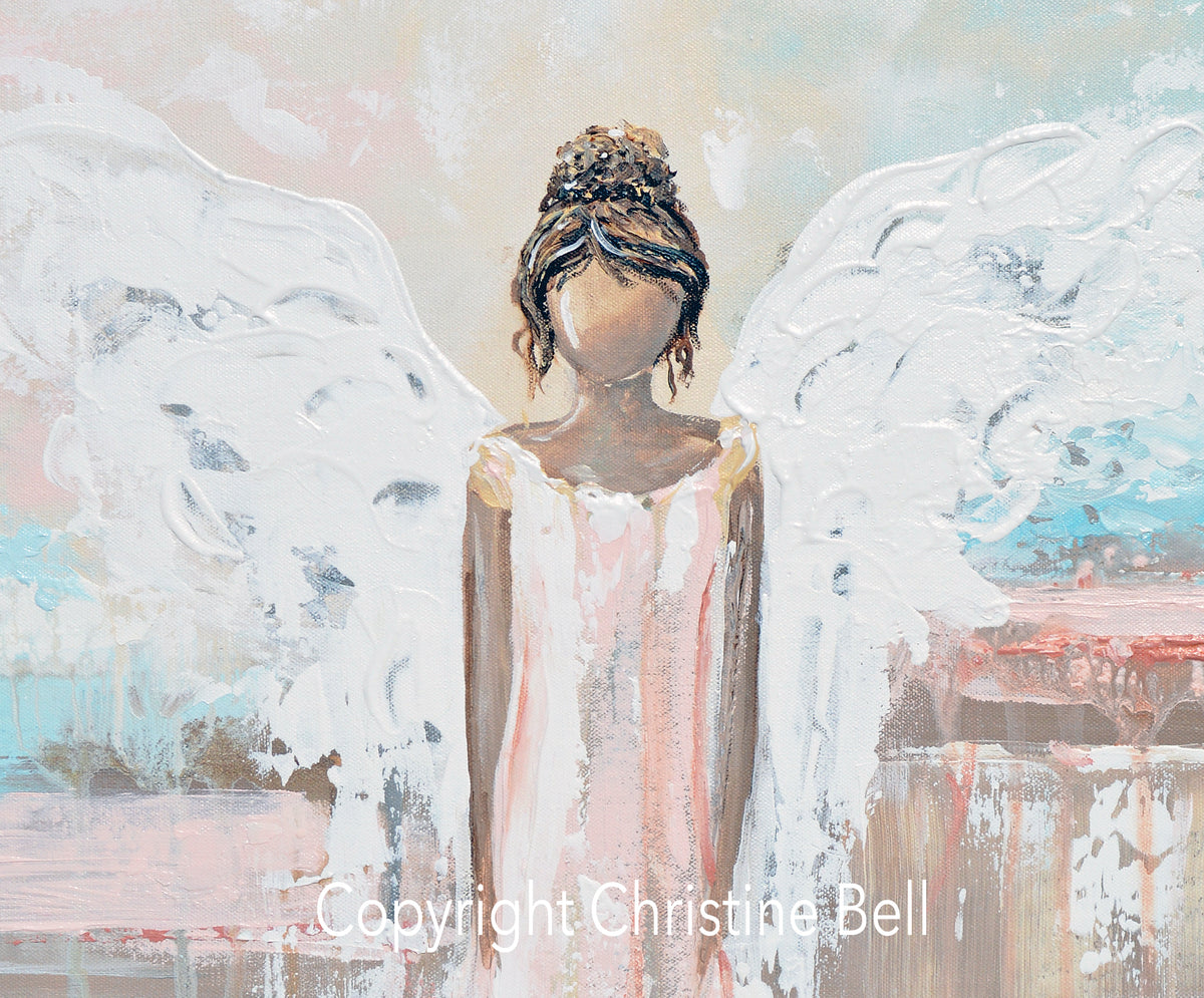 ORIGINAL Angel Painting Guardian Angel Pink Beige Home Decor Wall Art ...