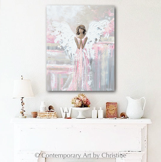 ORIGINAL Angel Painting Guardian Angel Pink Beige Home Decor Wall Art ...