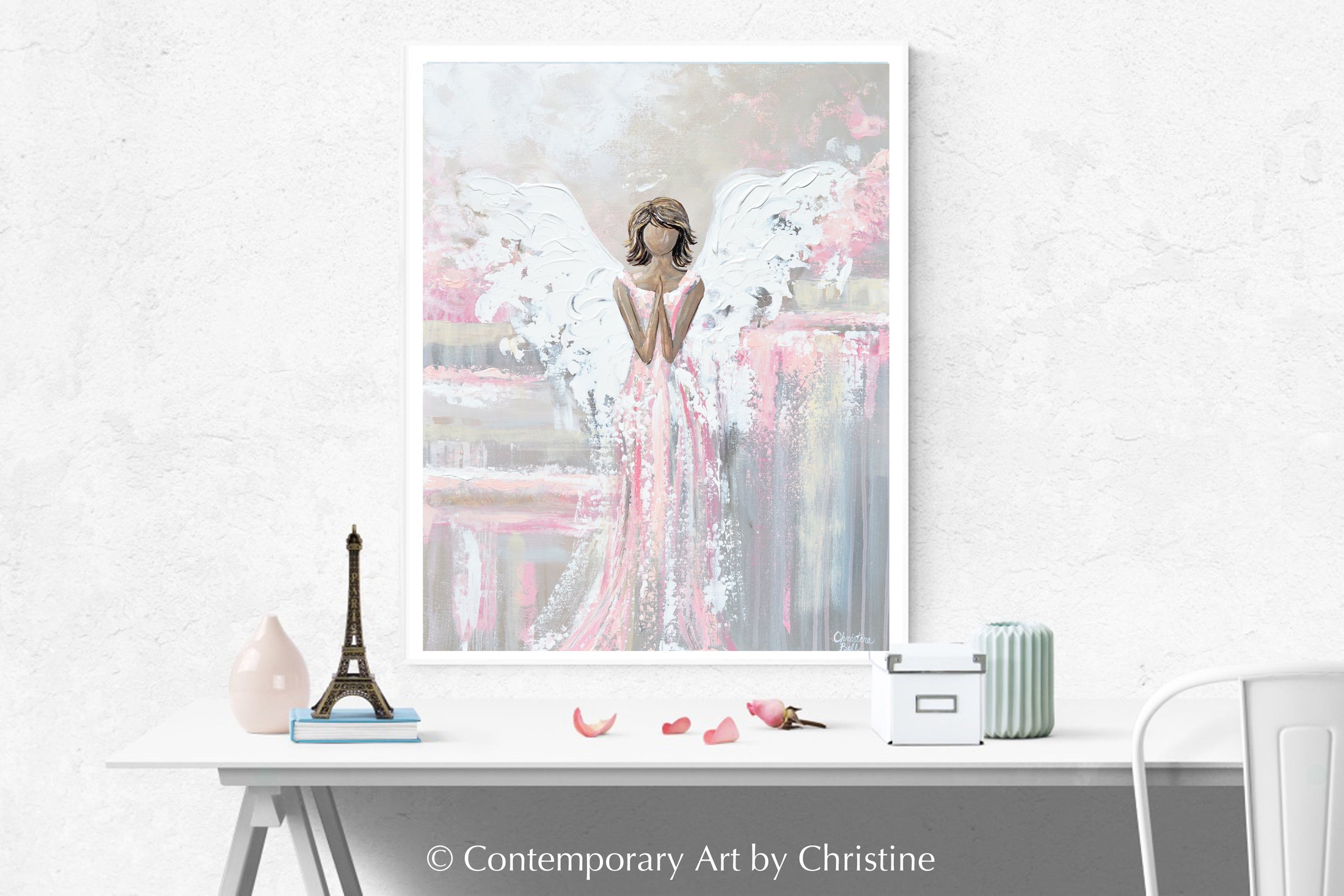 ORIGINAL Angel Painting Guardian Angel Pink Beige Home Decor Wall Art ...
