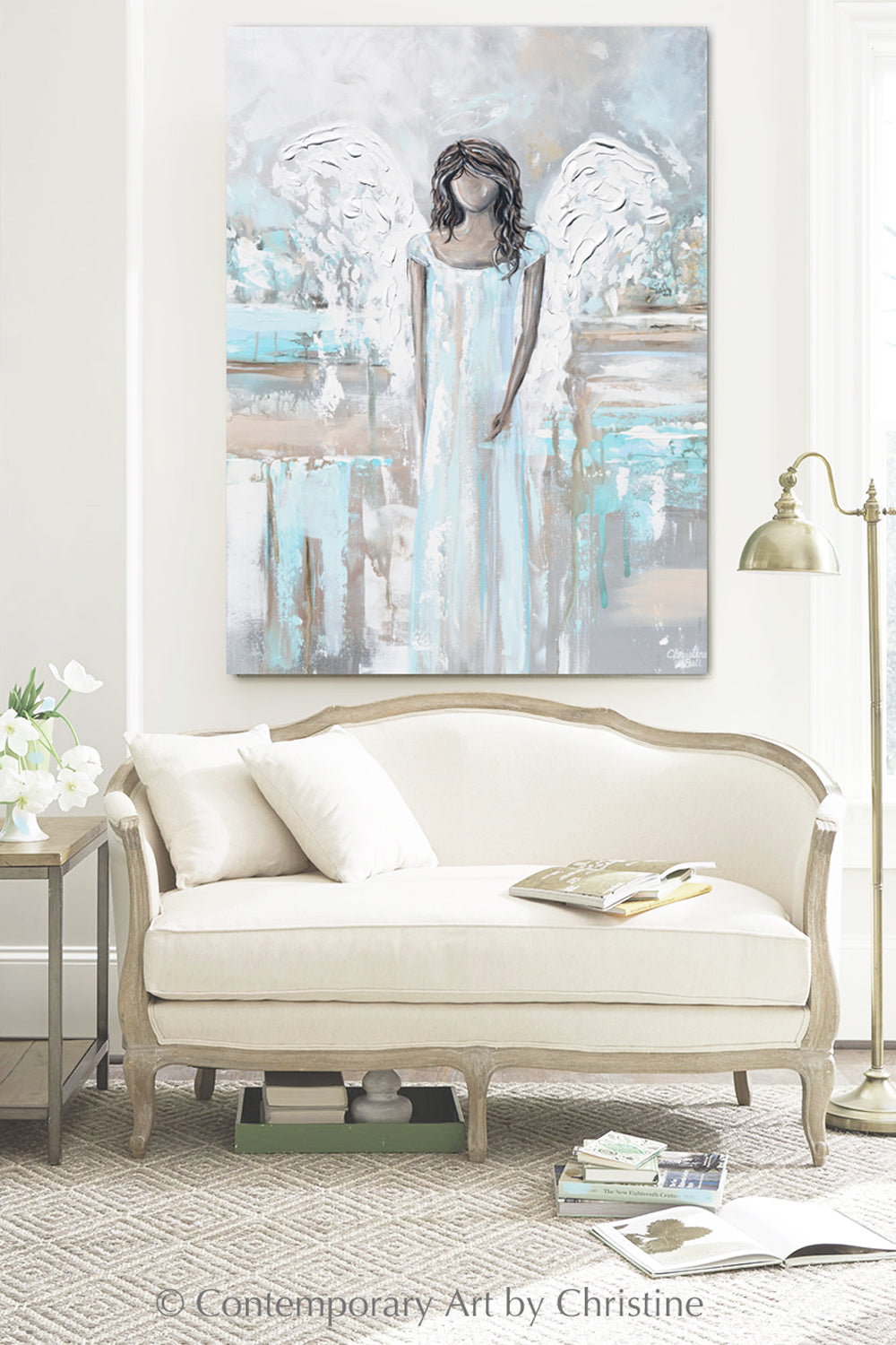 ORIGINAL Angel Painting Guardian Angel Light Blue White Home Wall Art ...