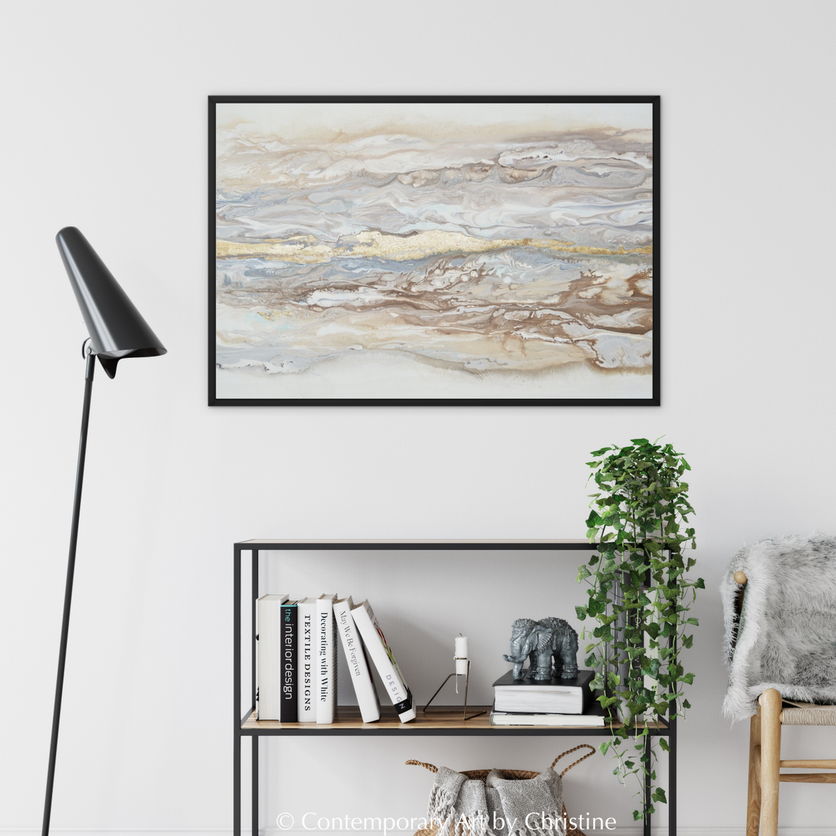 CANVAS PRINT Abstract Painting FRAMED Neutral Wall Art Gold White Grey ...