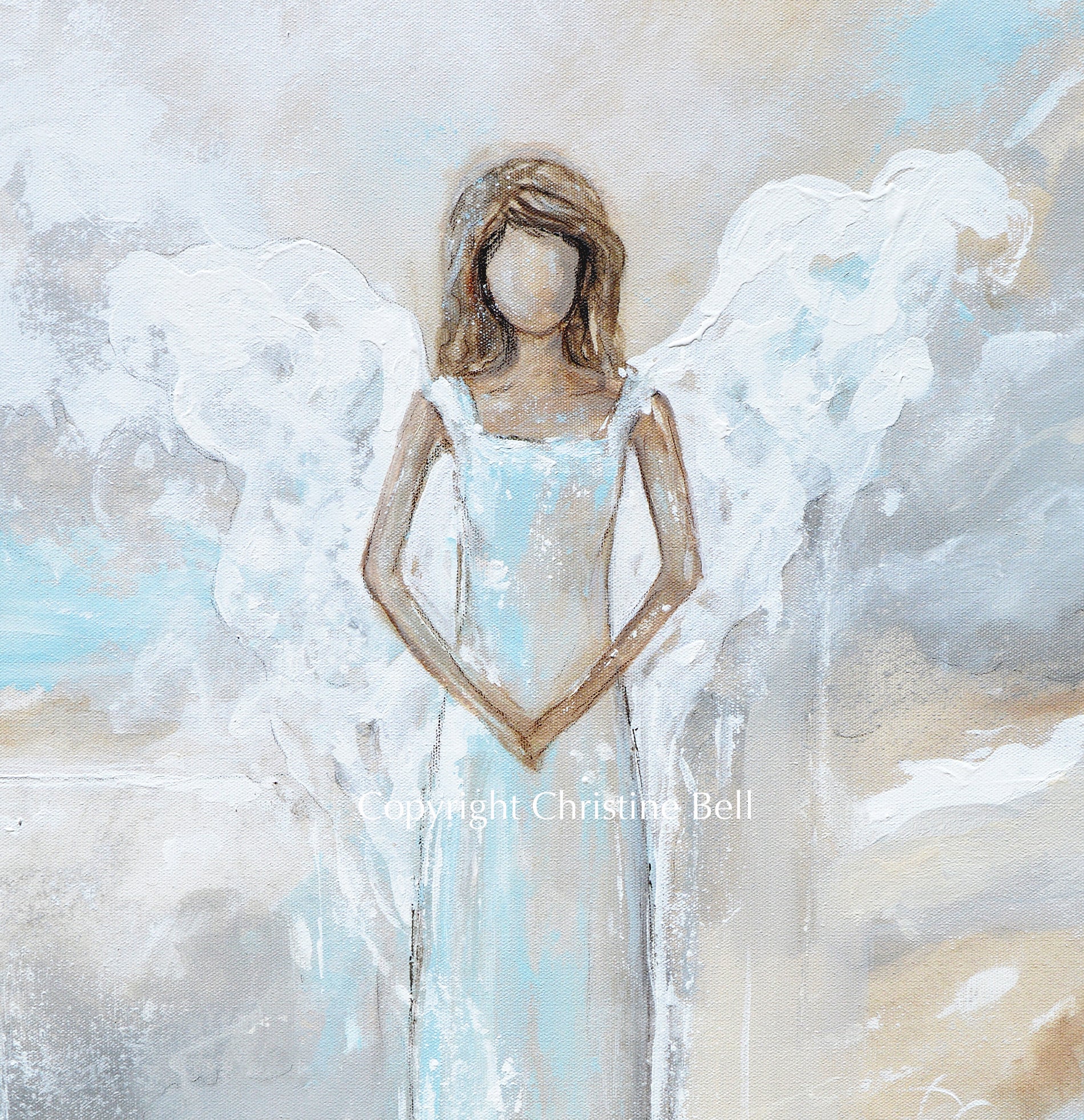 ORIGINAL Angel Painting Guardian Angel of Peace Blue White Home Decor ...