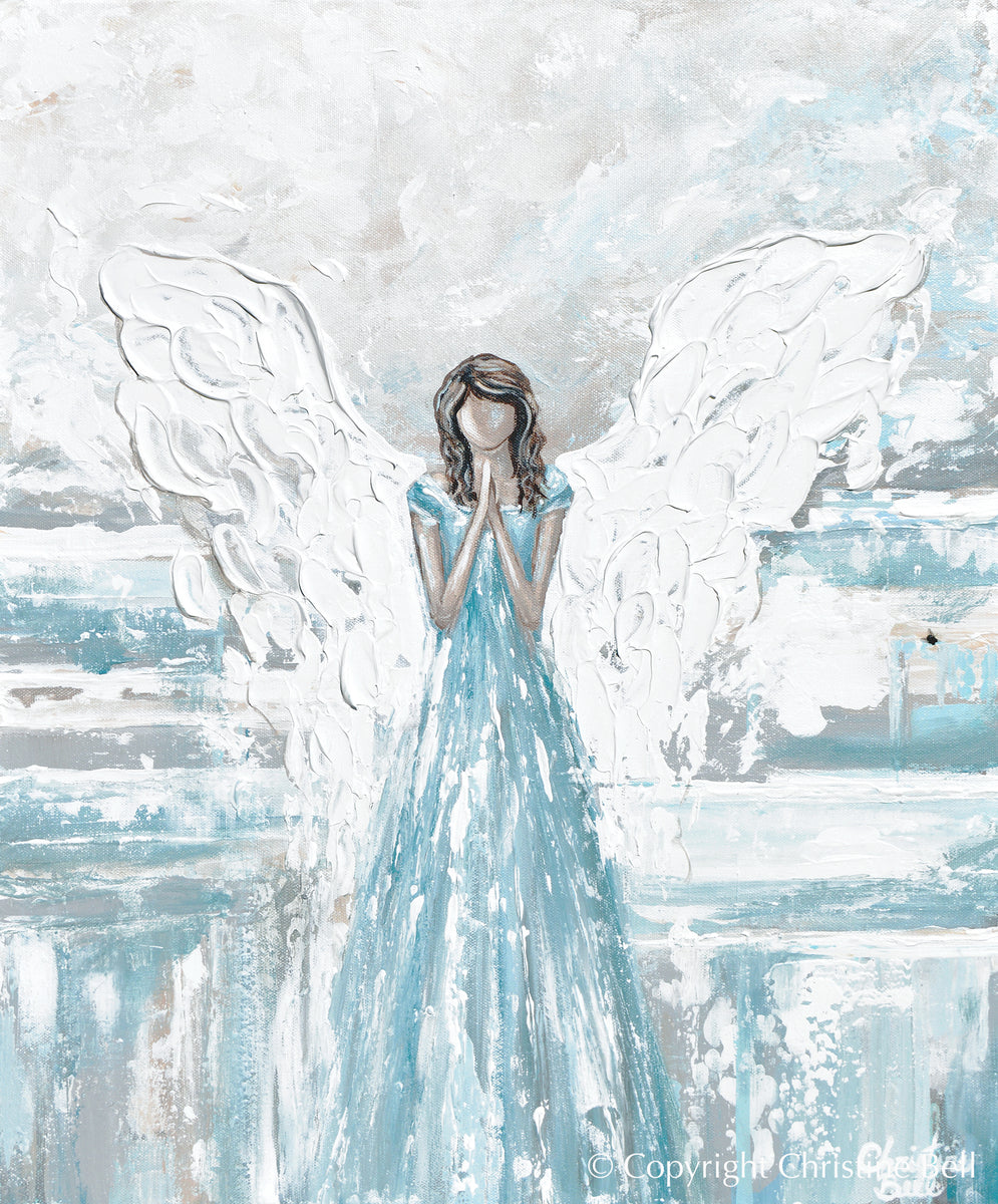 ORIGINAL Angel Painting Guardian Angels Praying Blue White Home Decor ...