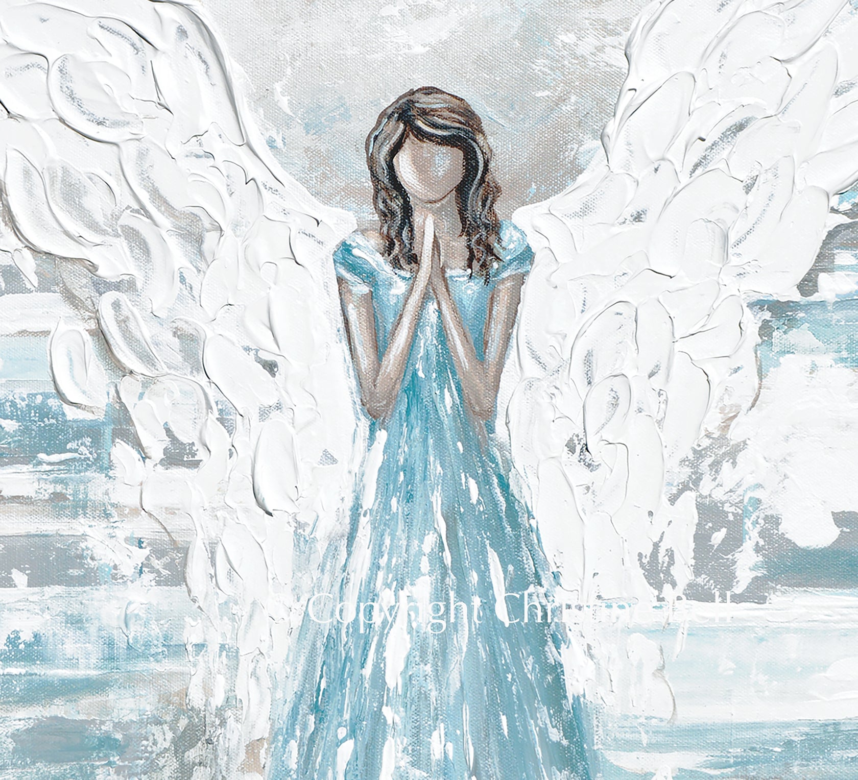 ORIGINAL Angel Painting Guardian Angels Praying Blue White Home Decor ...