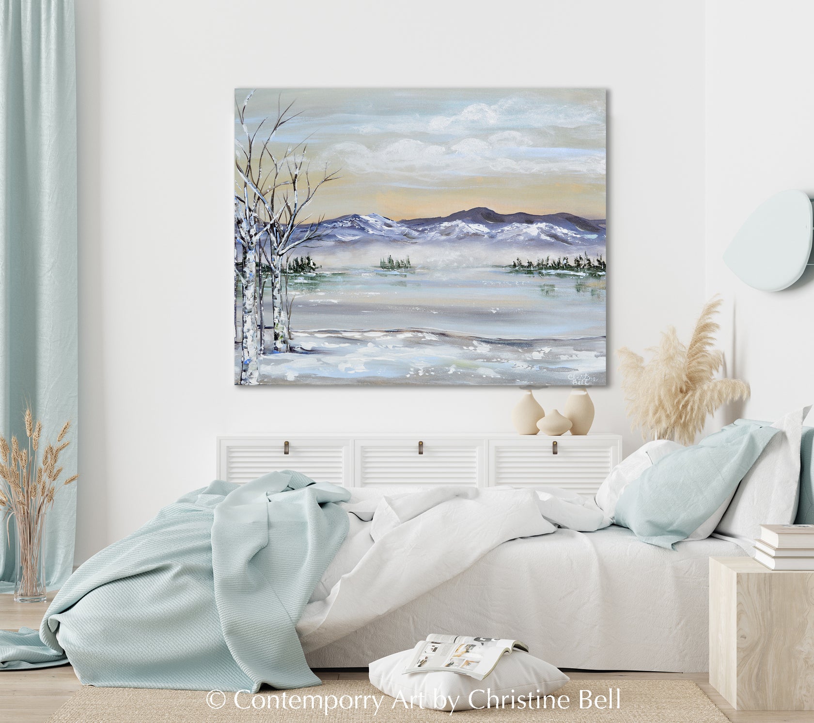 ORIGINAL Landscape Painting Winter Snow Mountain Birch Tree Wall Decor ...