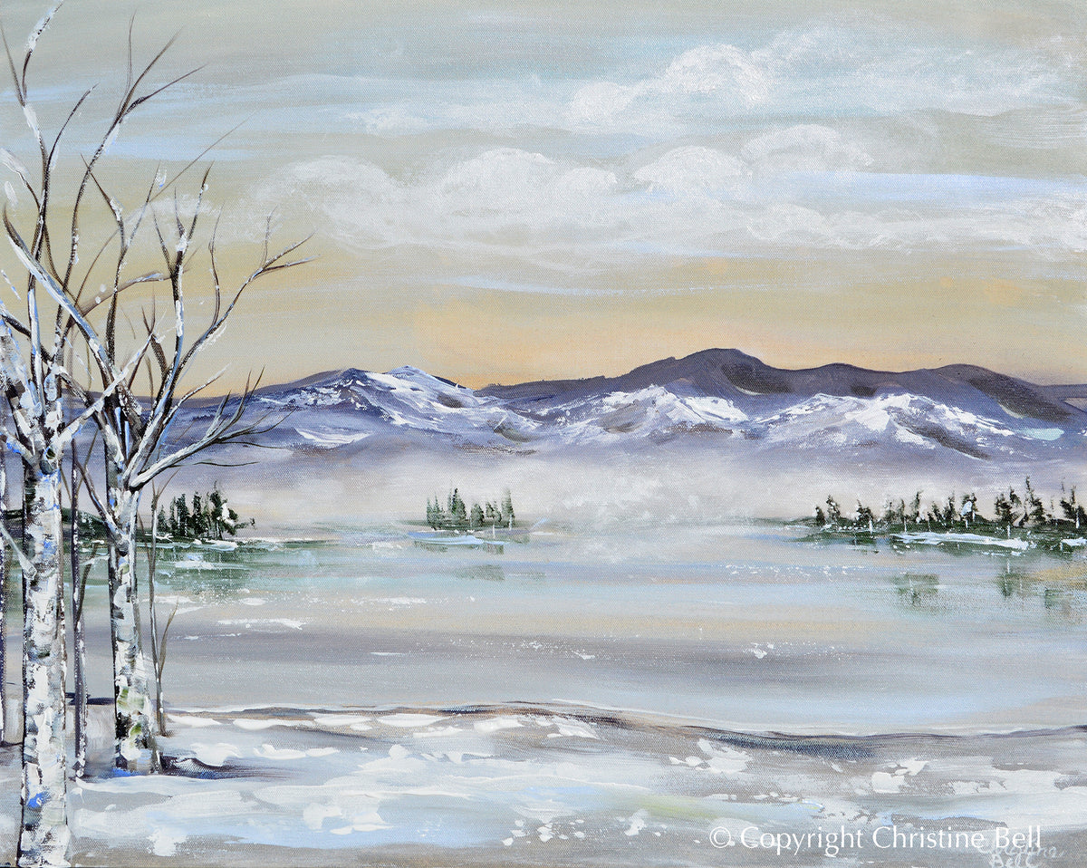 ORIGINAL Landscape Painting Winter Snow Mountain Birch Tree Wall Decor ...
