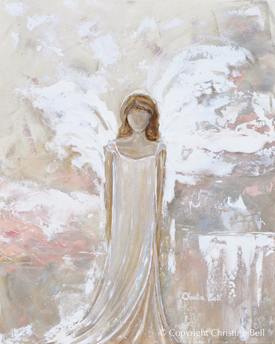 ORIGINAL Angel Painting Fine Art Guardian Angels White Pink Wall Decor ...