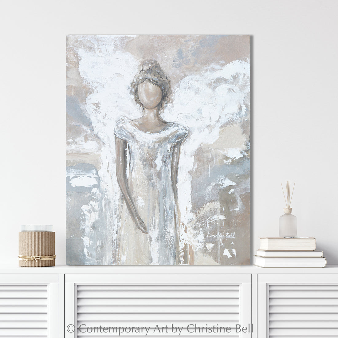 ORIGINAL Angel Painting Guardian Angels Wings Neutral White Fine Art ...