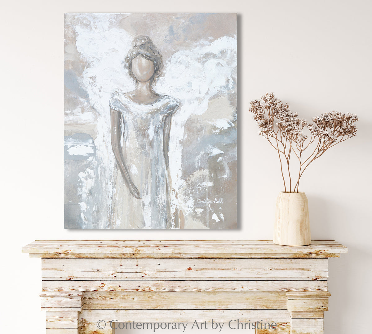 ORIGINAL Angel Painting Guardian Angels Wings Neutral White Fine Art ...