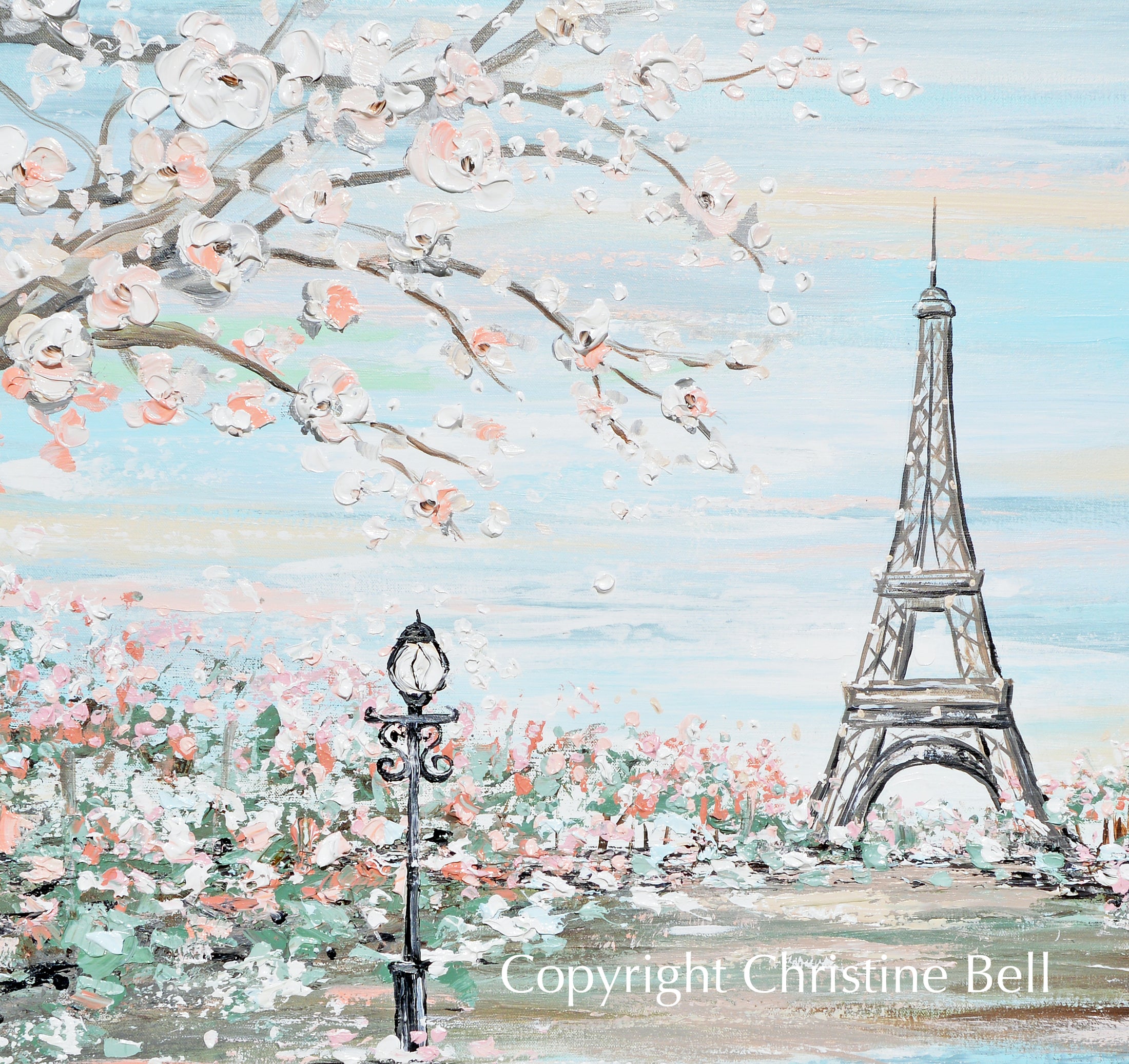 ORIGINAL Abstract Painting Paris Eiffel Tower Cherry Trees Wall Art ...