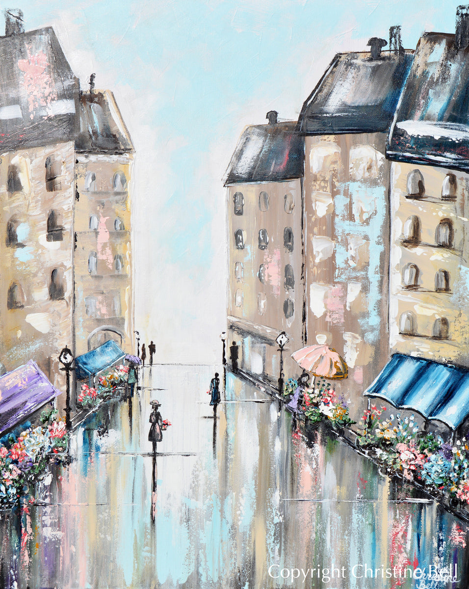 ORIGINAL Art Abstract Painting Flower Market Paris Cityscape Rain City ...