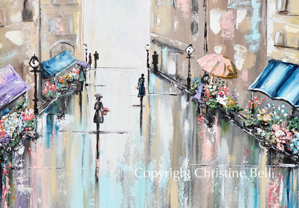 ORIGINAL Art Abstract Painting Flower Market Paris Cityscape Rain City ...