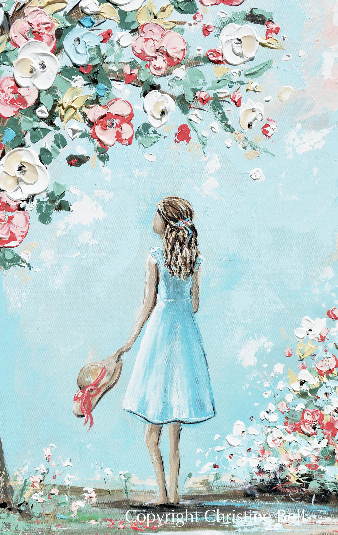 ORIGINAL Abstract Painting Girl in Garden Cherry Tree Flowers Wall Art ...