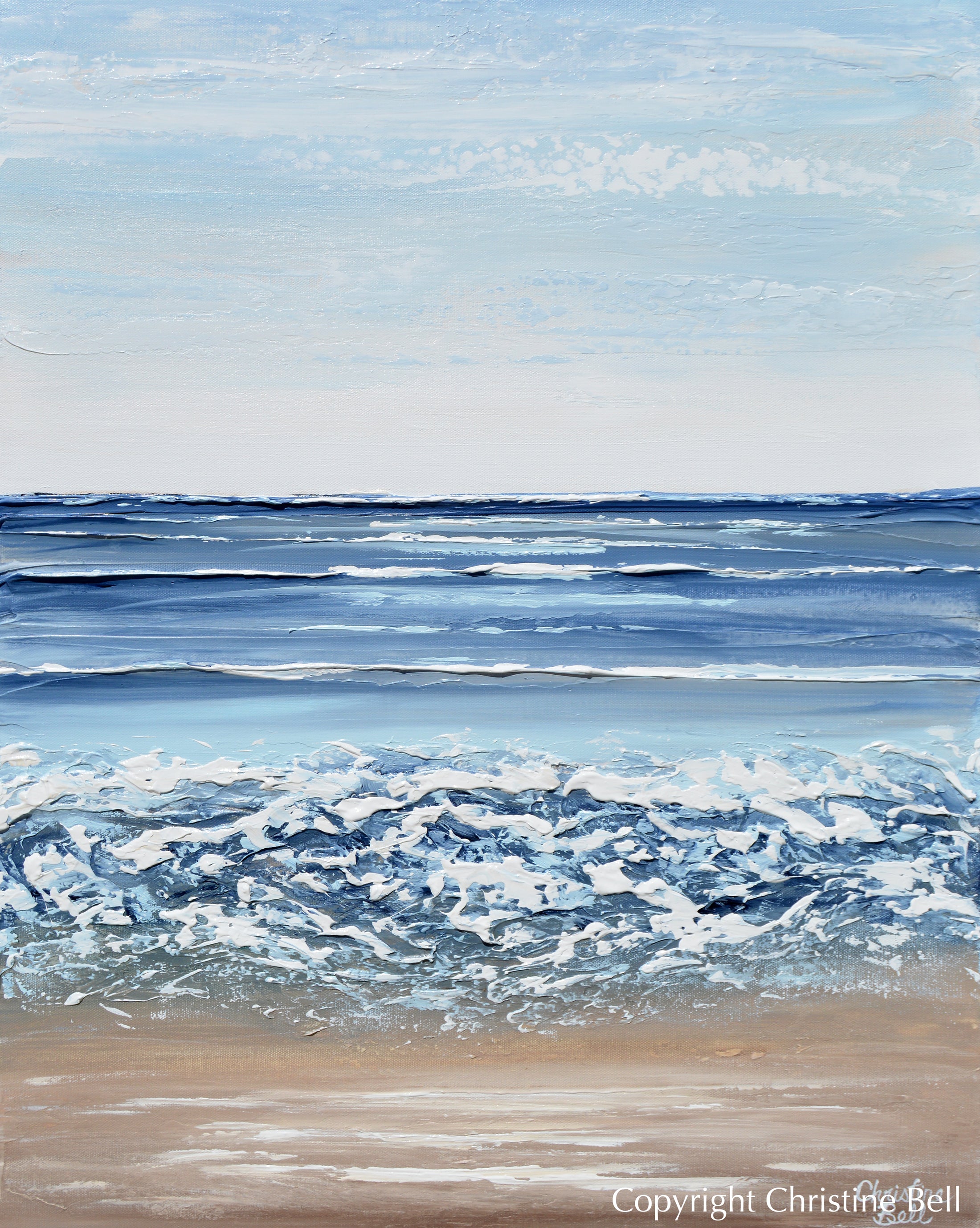 ORIGINAL Abstract Beach Painting Textured Coastal Blue Ocean Art Decor ...