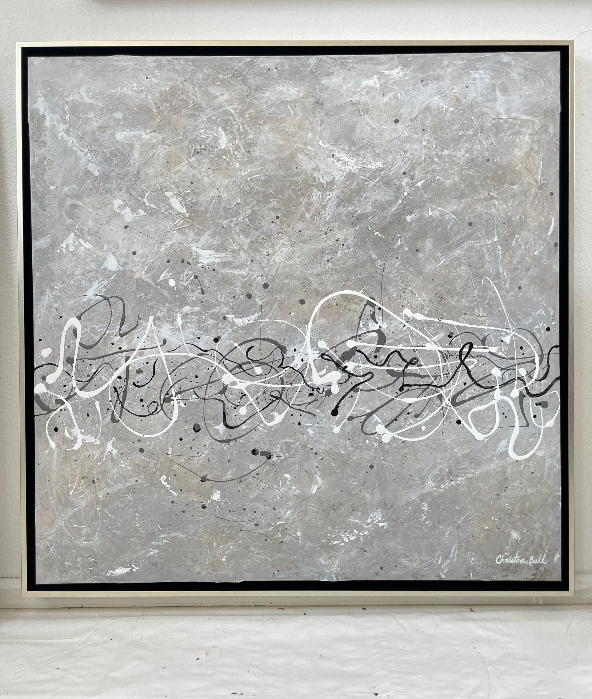 ORIGINAL Abstract Painting Textured Neutral Grey White Square Framed ...
