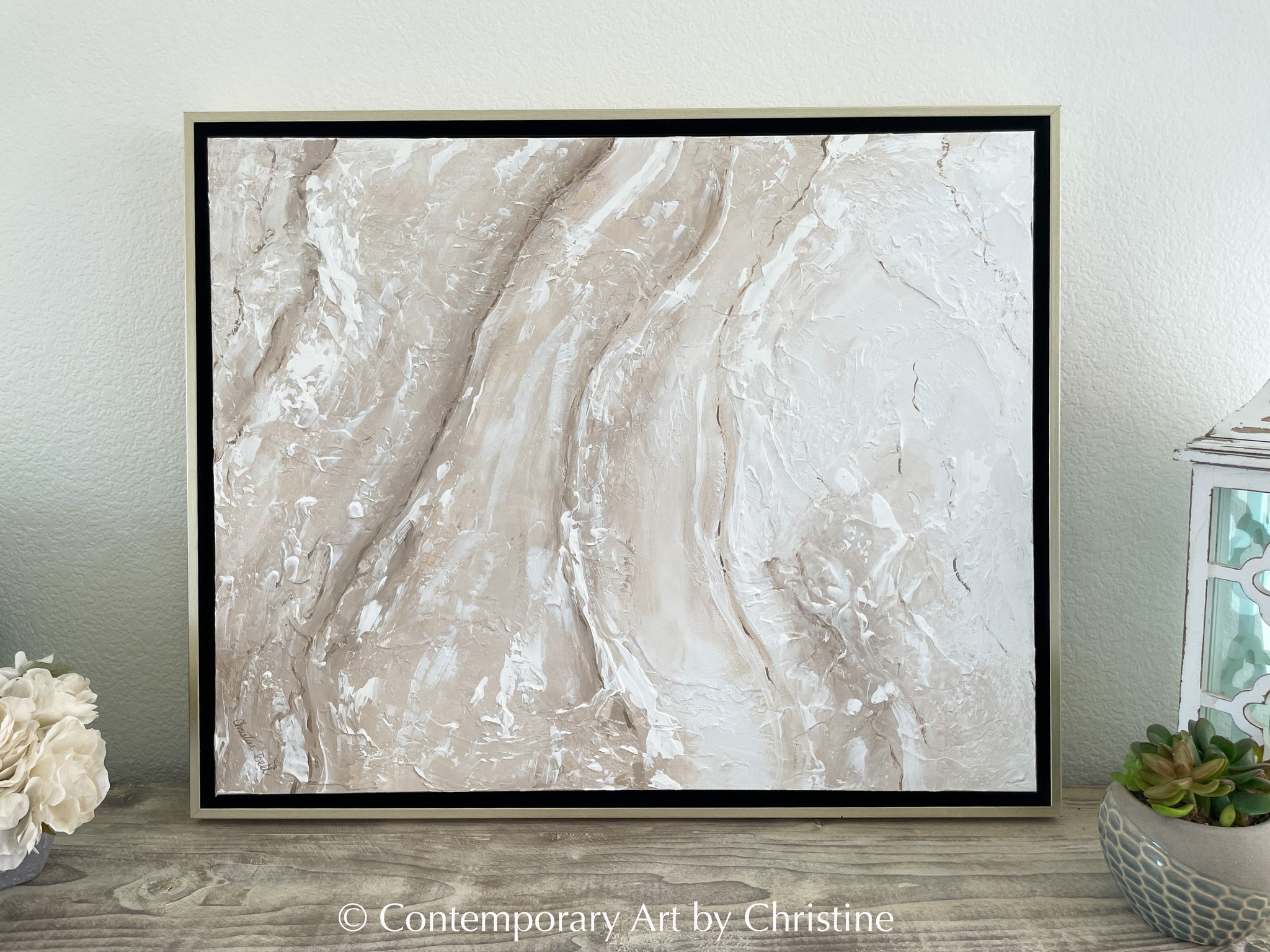 ORIGINAL Abstract Painting Textured Neutral Framed Canvas Art White ...