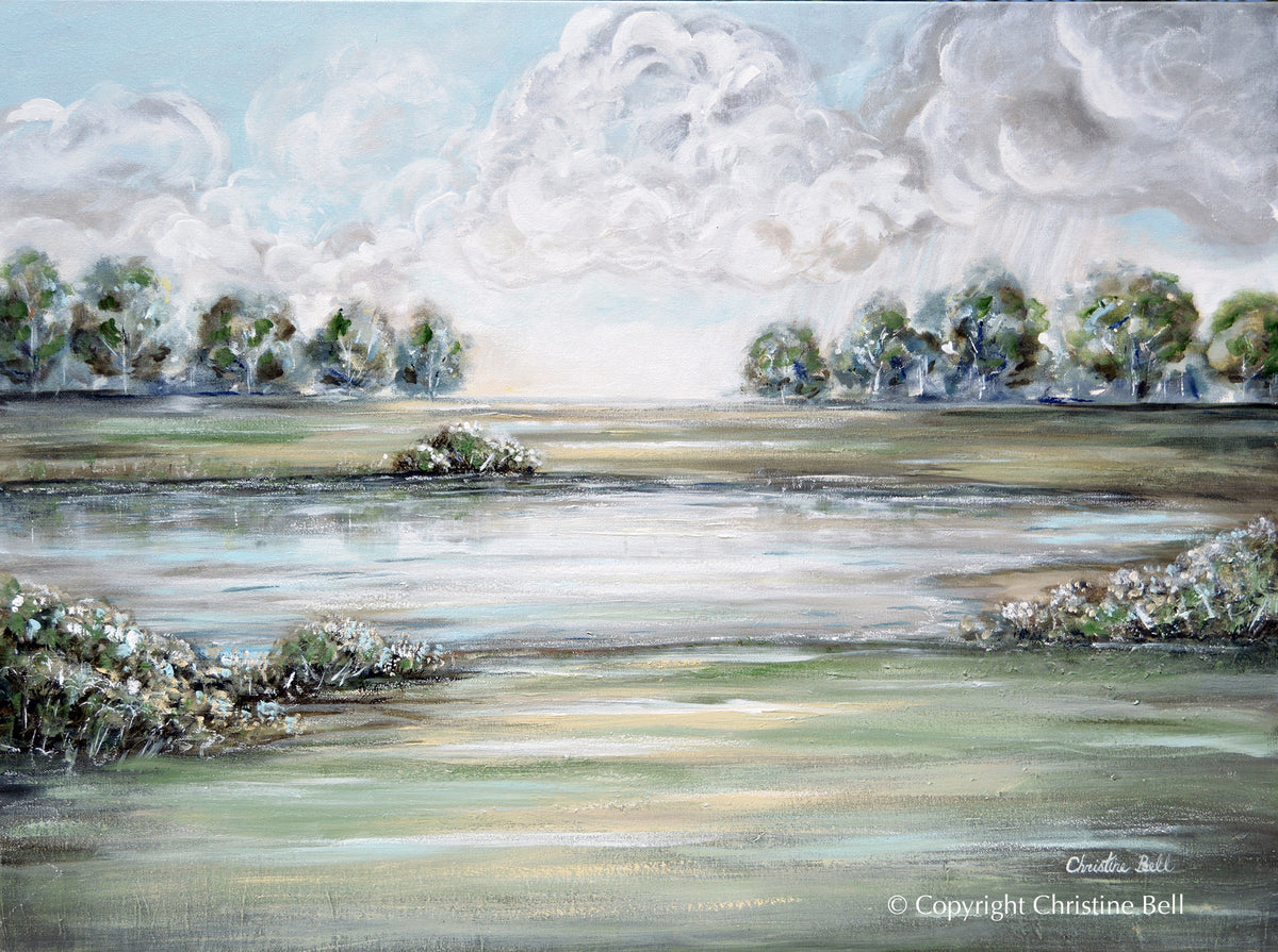 ORIGINAL Abstract Landscape Painting Blue Green Trees Home Wall Decor ...