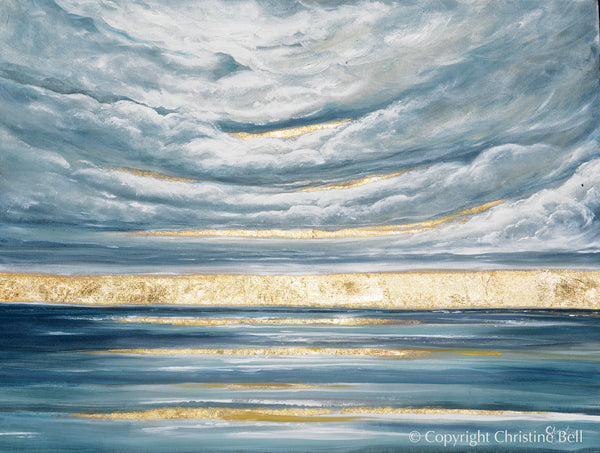 ORIGINAL Abstract Ocean Painting Gold Leaf Seascape Coastal Wall Decor ...