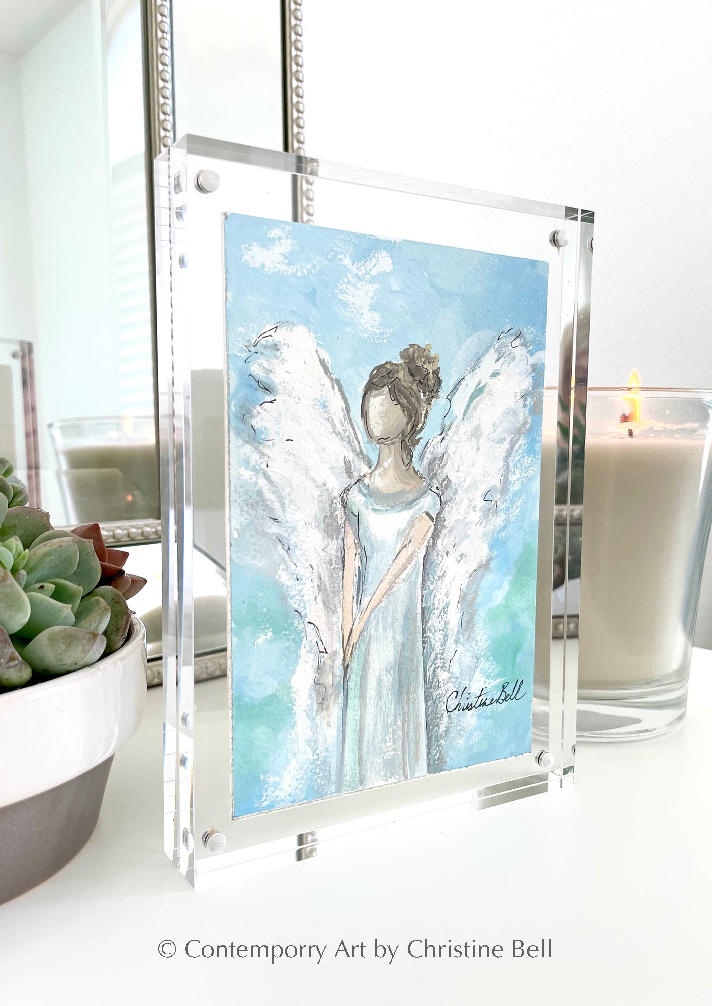 ORIGINAL Angel Painting Aqua Blue White Art Acrylic Frame Home Decor ...
