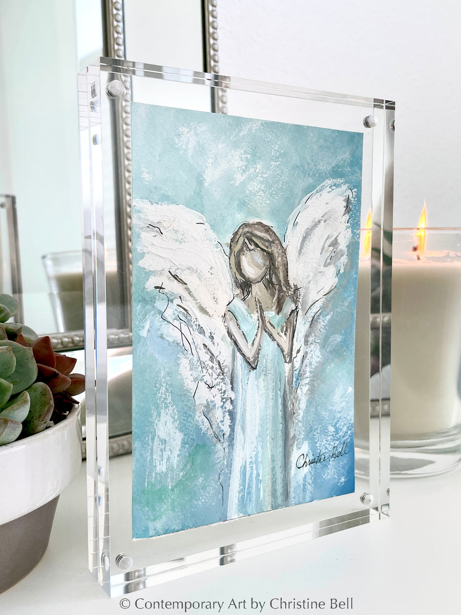 ORIGINAL Angel Painting Blue Acrylic Block Frame Fine Art Home Decor ...
